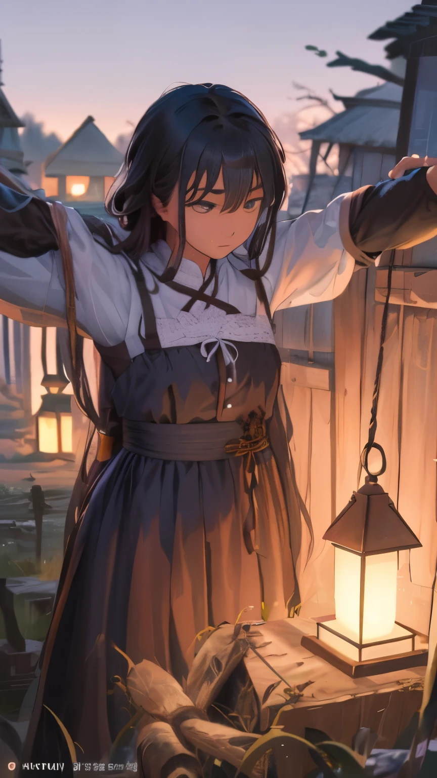 Anime girl with lantern in hand standing on a fence - SeaArt AI