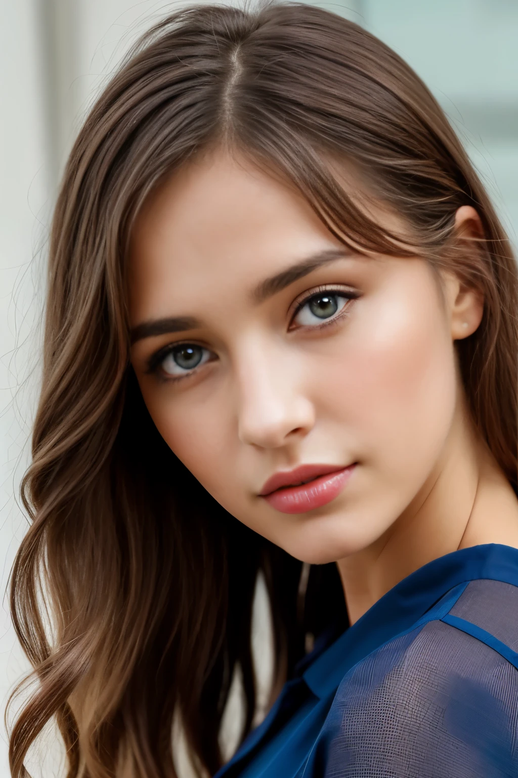 A close up of a woman with long hair wearing a blue dress - SeaArt AI