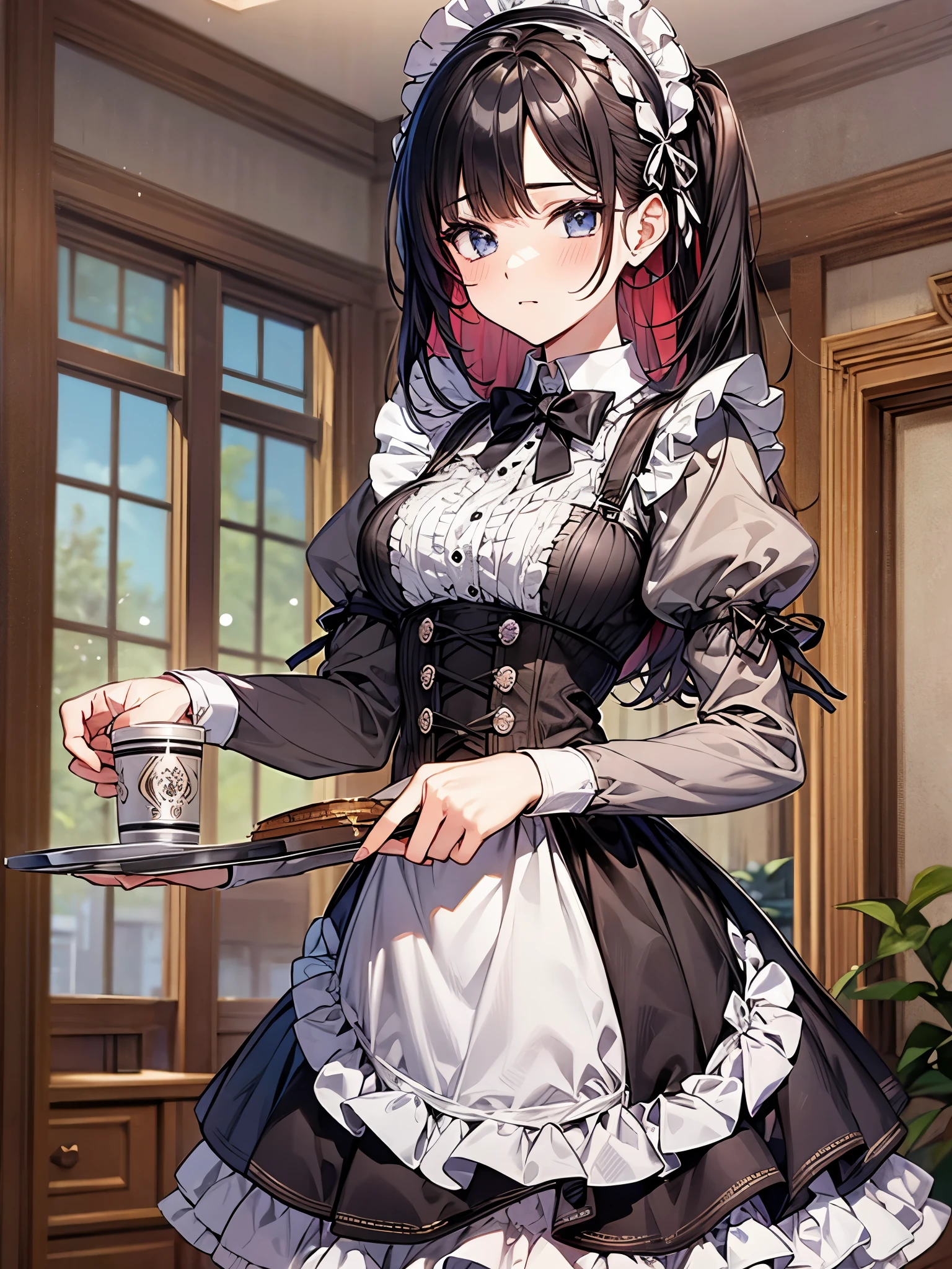 Anime character dressed in maid outfit holding a tray with a cake ...