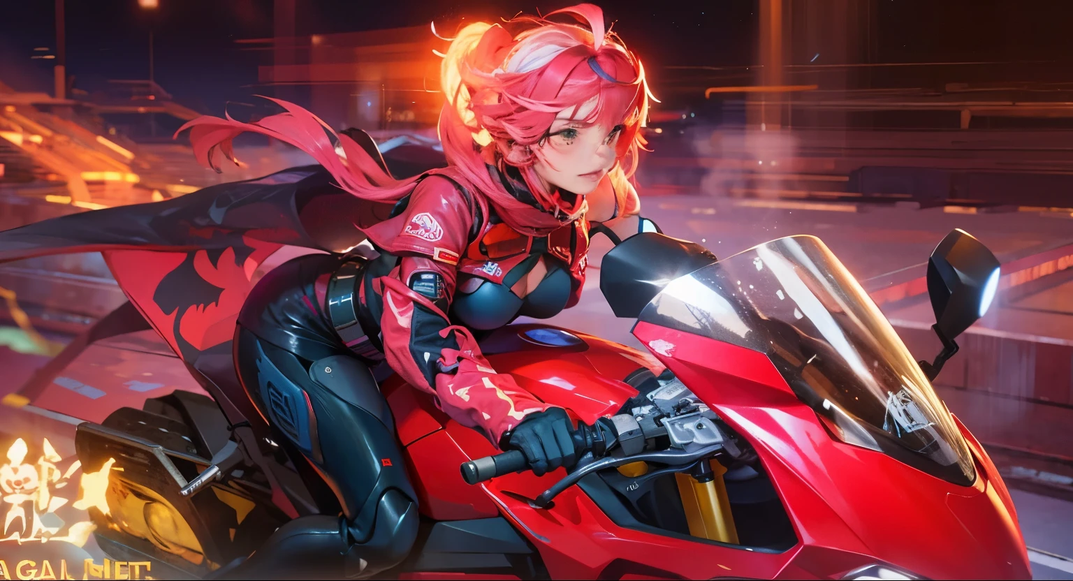 Anime girl in red leather outfit riding a red motorcycle - SeaArt AI