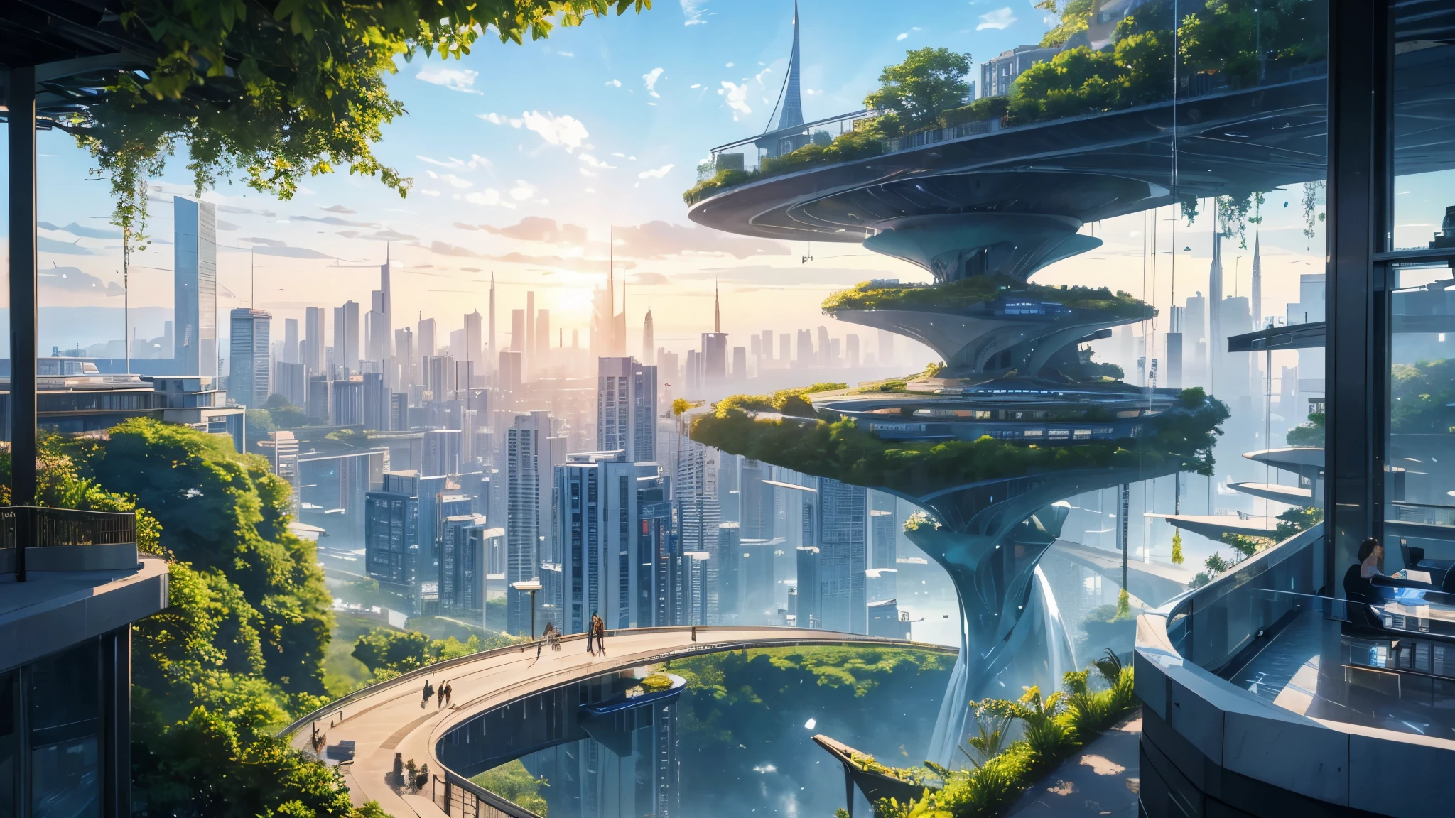 Futuristic city with a bridge and a river in the middle - SeaArt AI