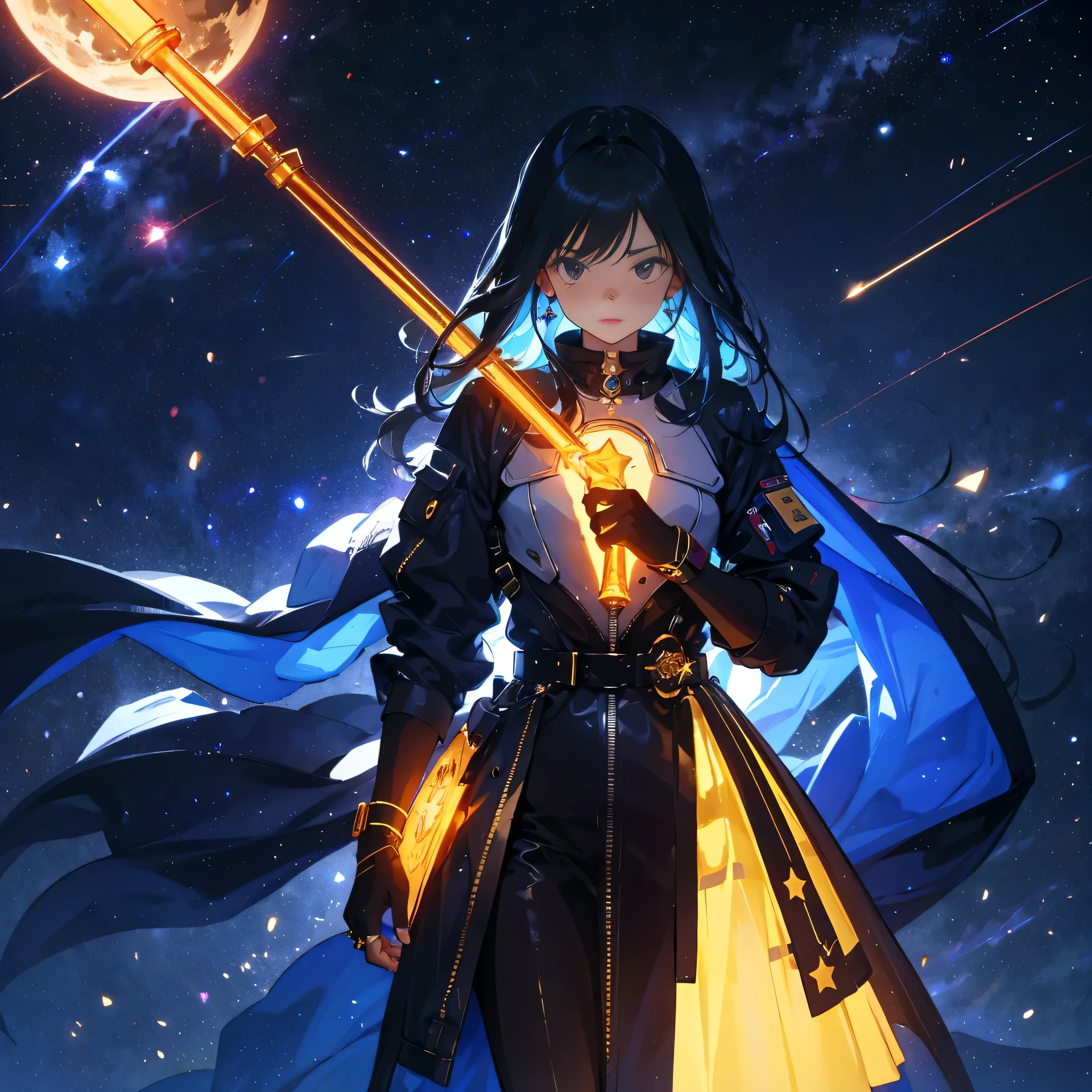 A woman in a black outfit holding a sword and a yellow light - SeaArt AI