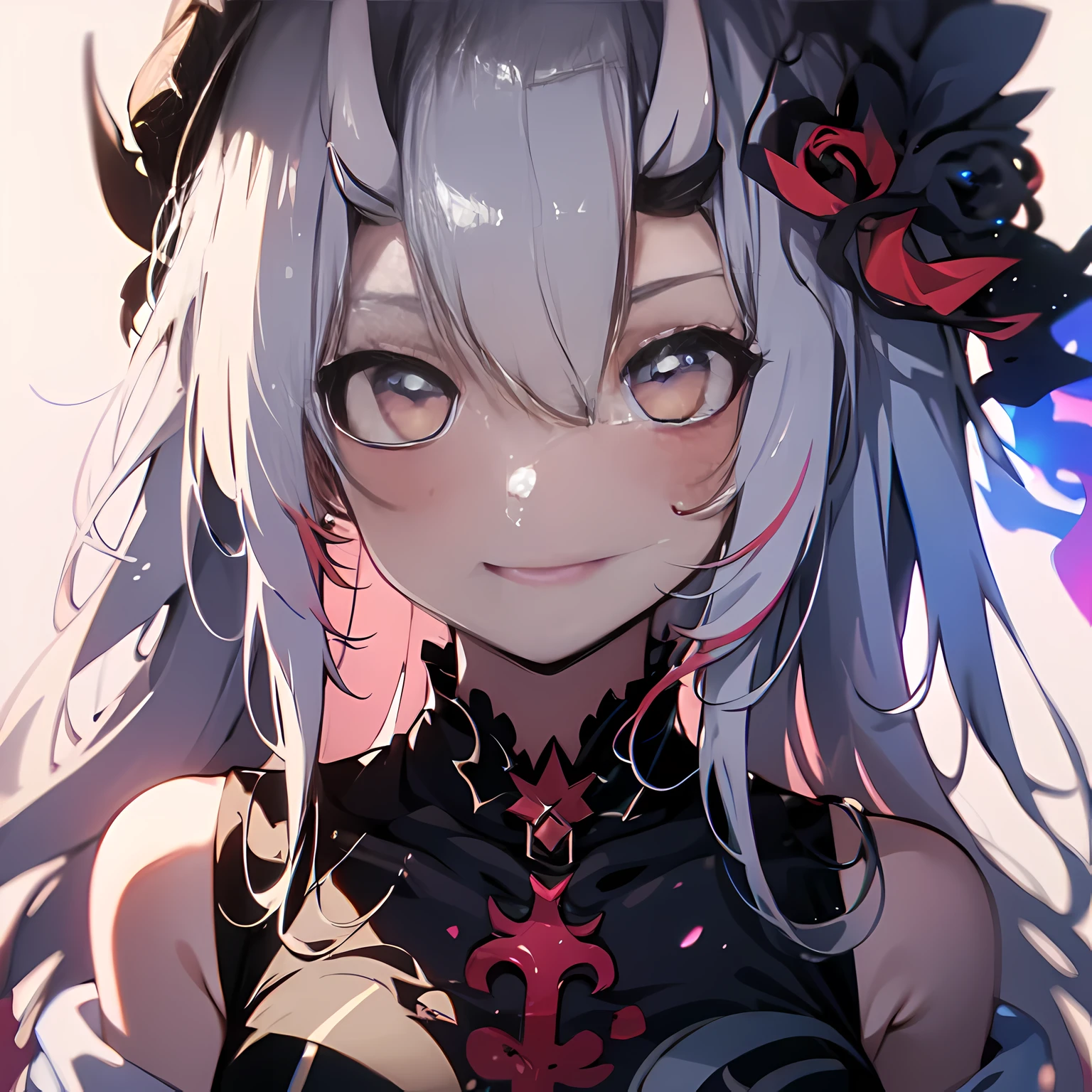 Anime girl with long white hair and black dress with red flowers in her ...