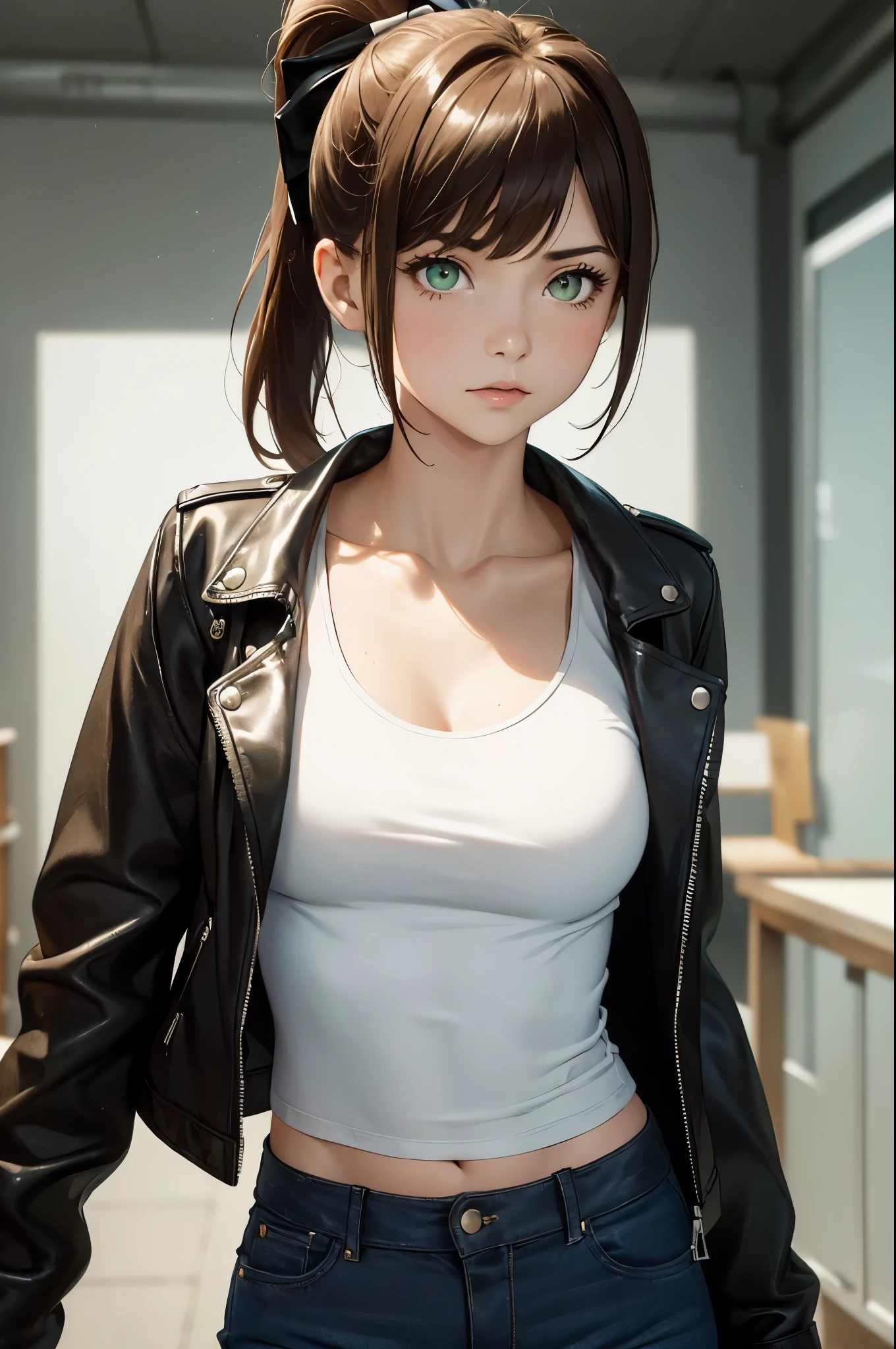 A close up of a person wearing a black jacket and jeans - SeaArt AI