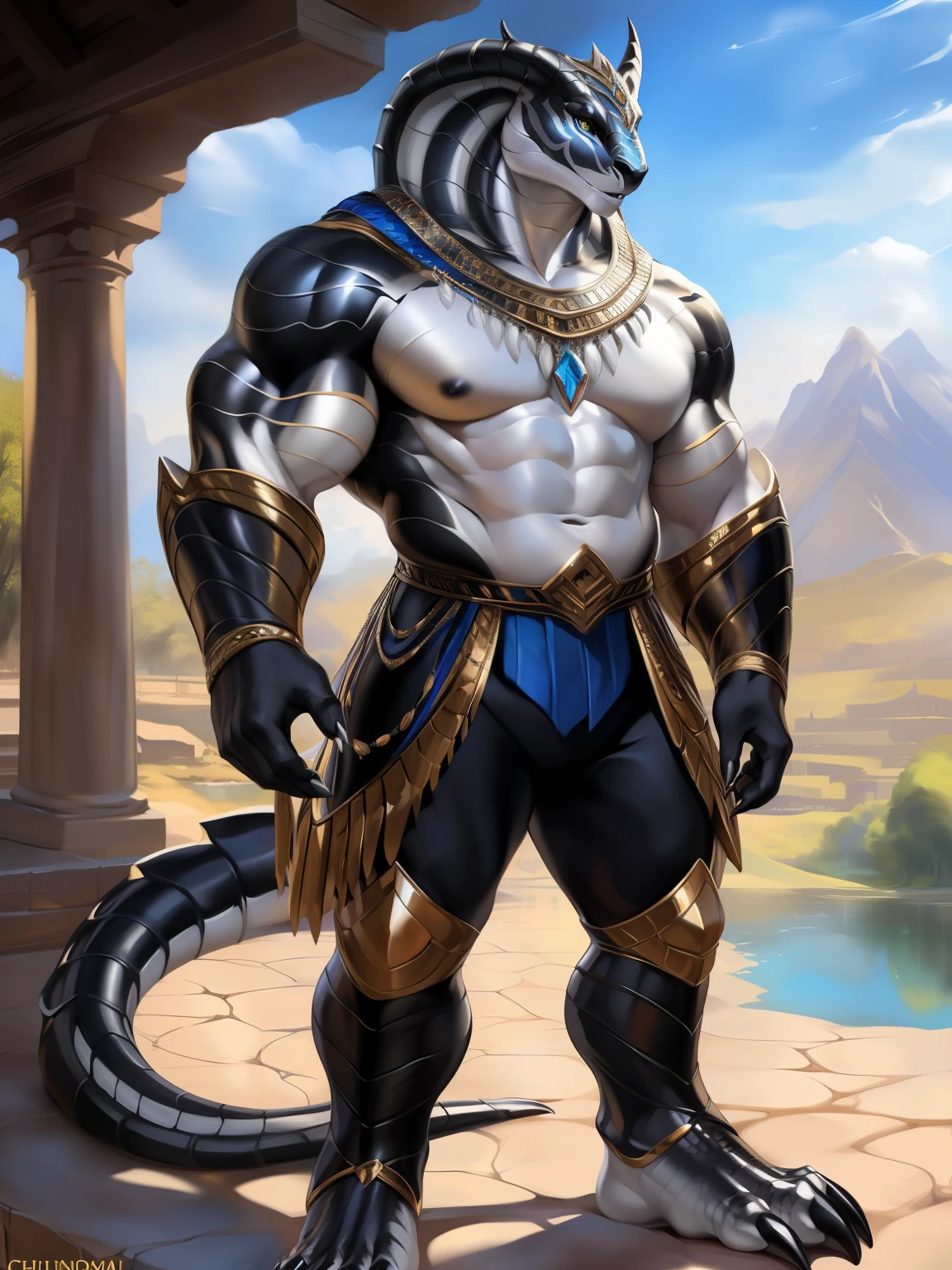 A drawing of a man in armor standing next to a river - SeaArt AI