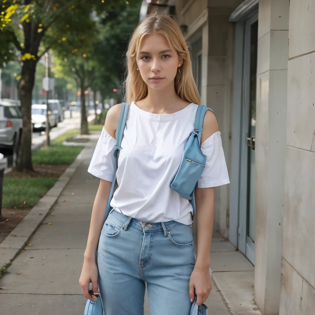 Arafed woman in white shirt and blue overalls standing on sidewalk ...