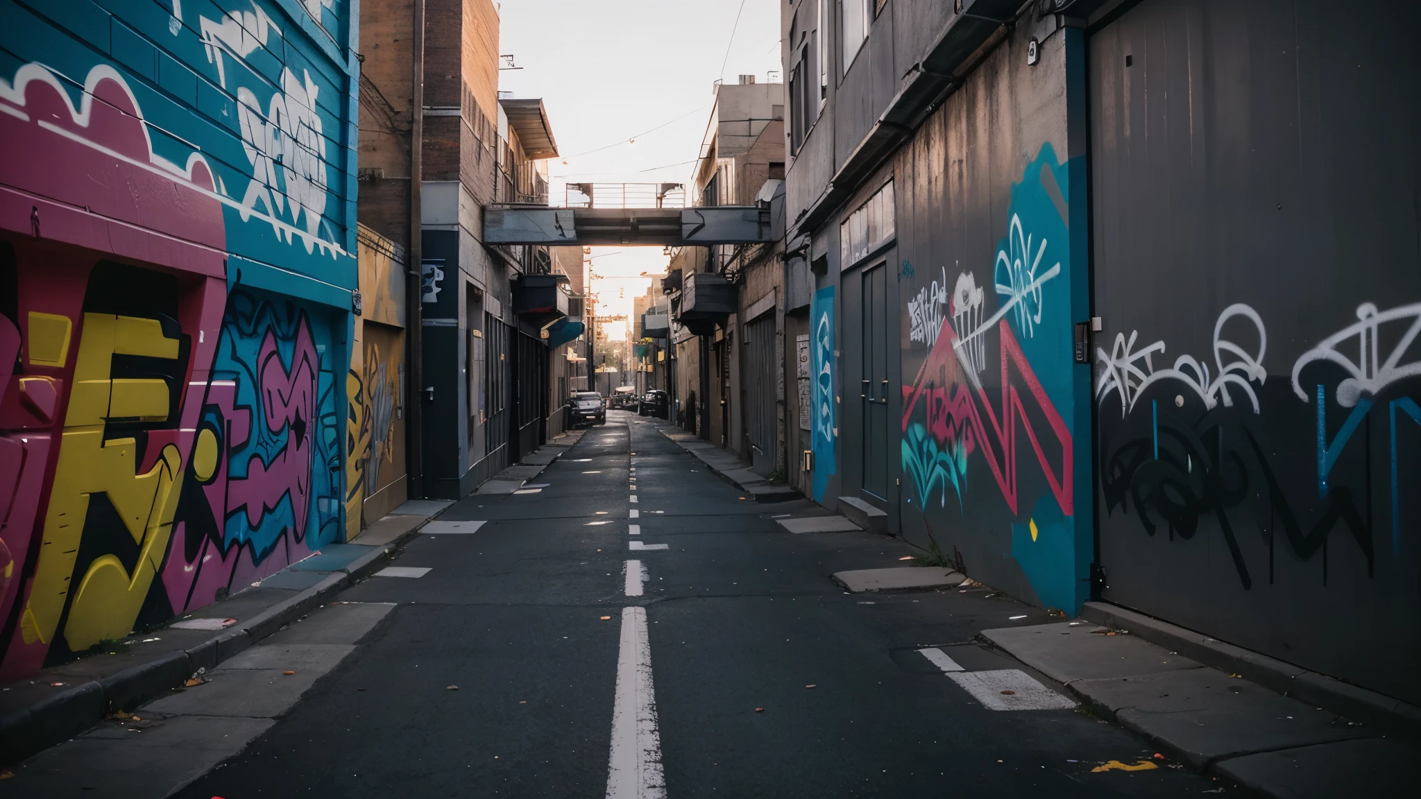 Arafed alley with graffiti and a pedestrian bridge in the distance ...