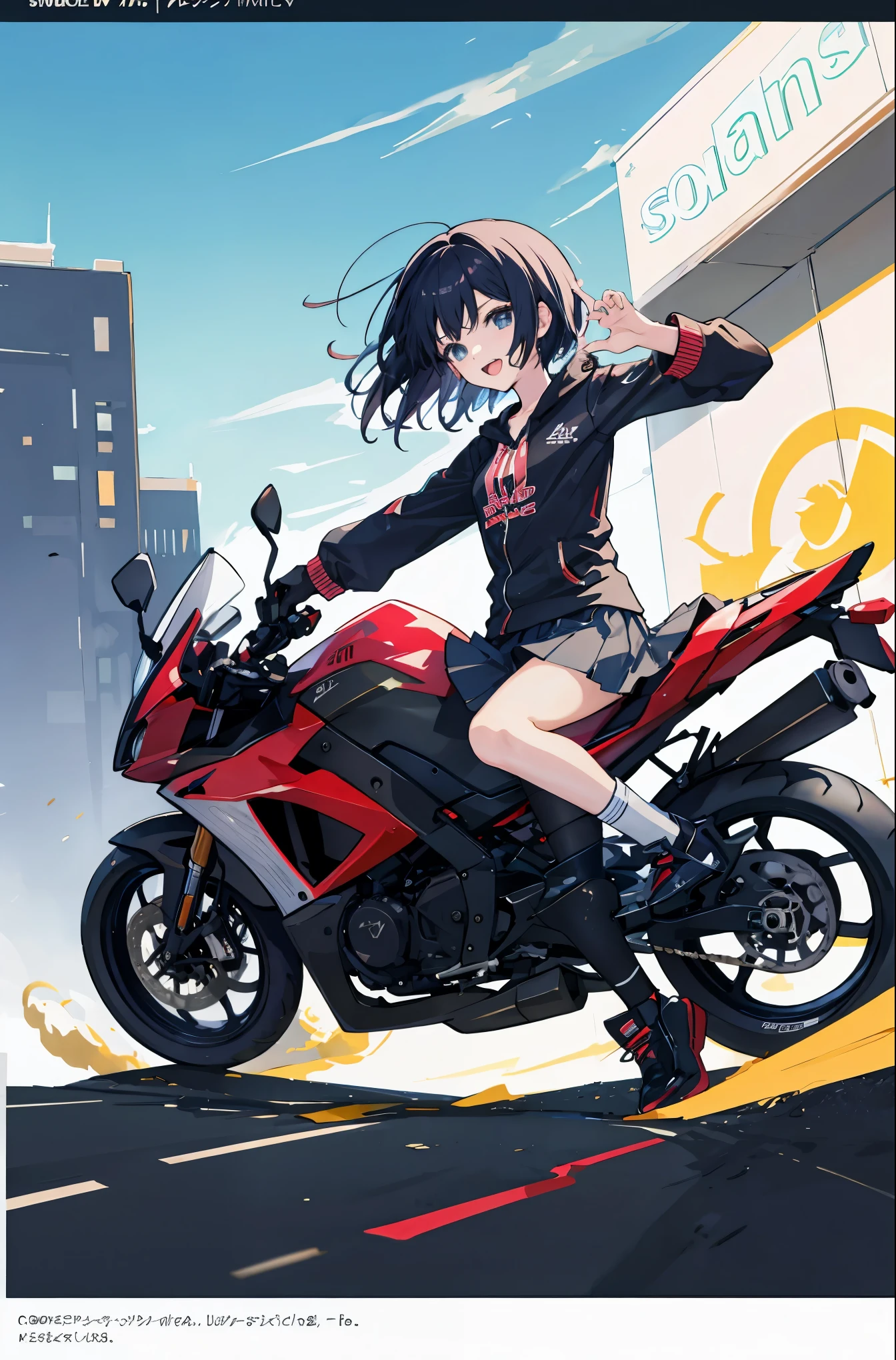 Anime girl on a motorcycle in a city with buildings in the background ...