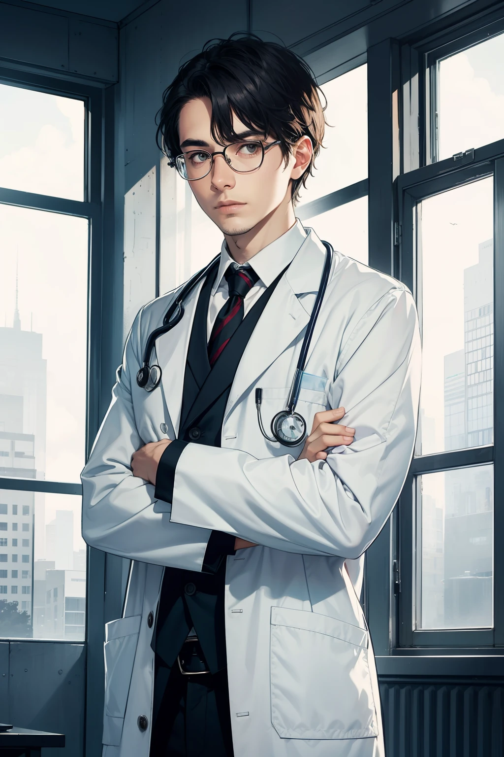 There is a male doctor standing in front of a window - SeaArt AI