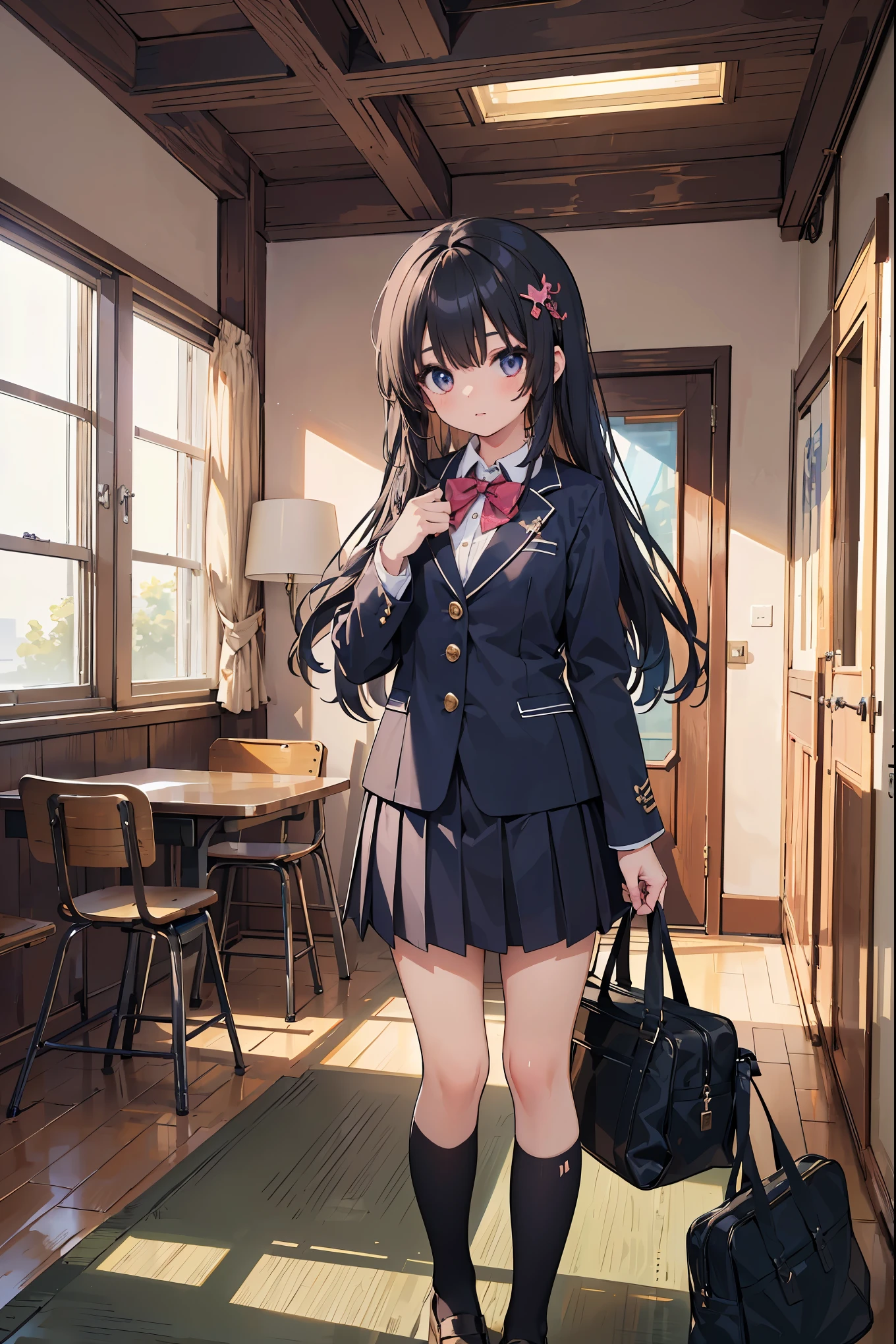 Anime girl in school uniform with a handbag and purse - SeaArt AI