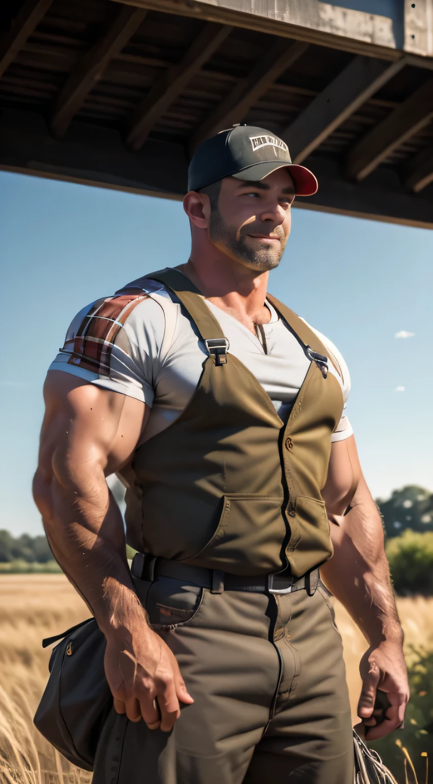 Arafed man in a hat and overalls standing in a field - SeaArt AI