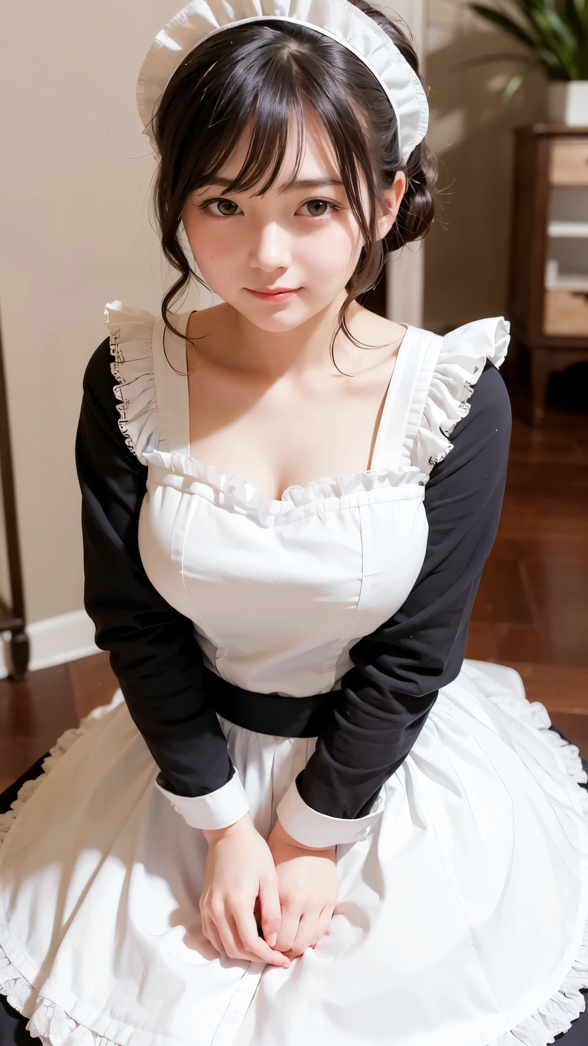A close up of a woman in a maid outfit posing for a picture - SeaArt AI
