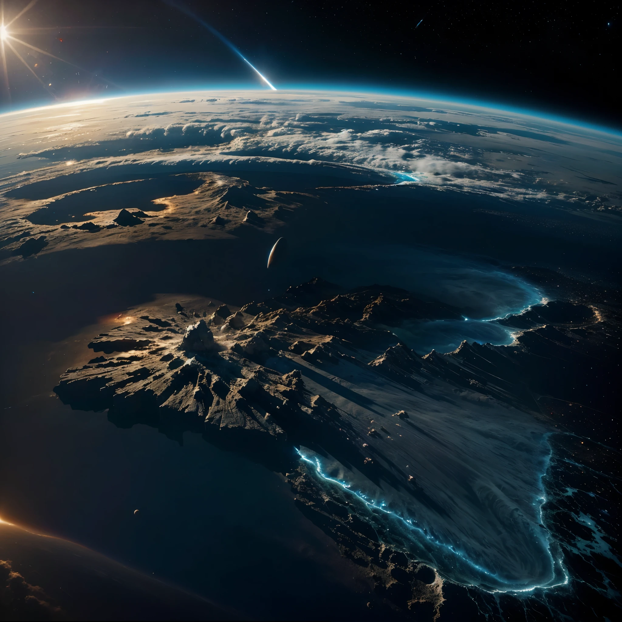 A view of the earth from space with a bright light shining on it ...