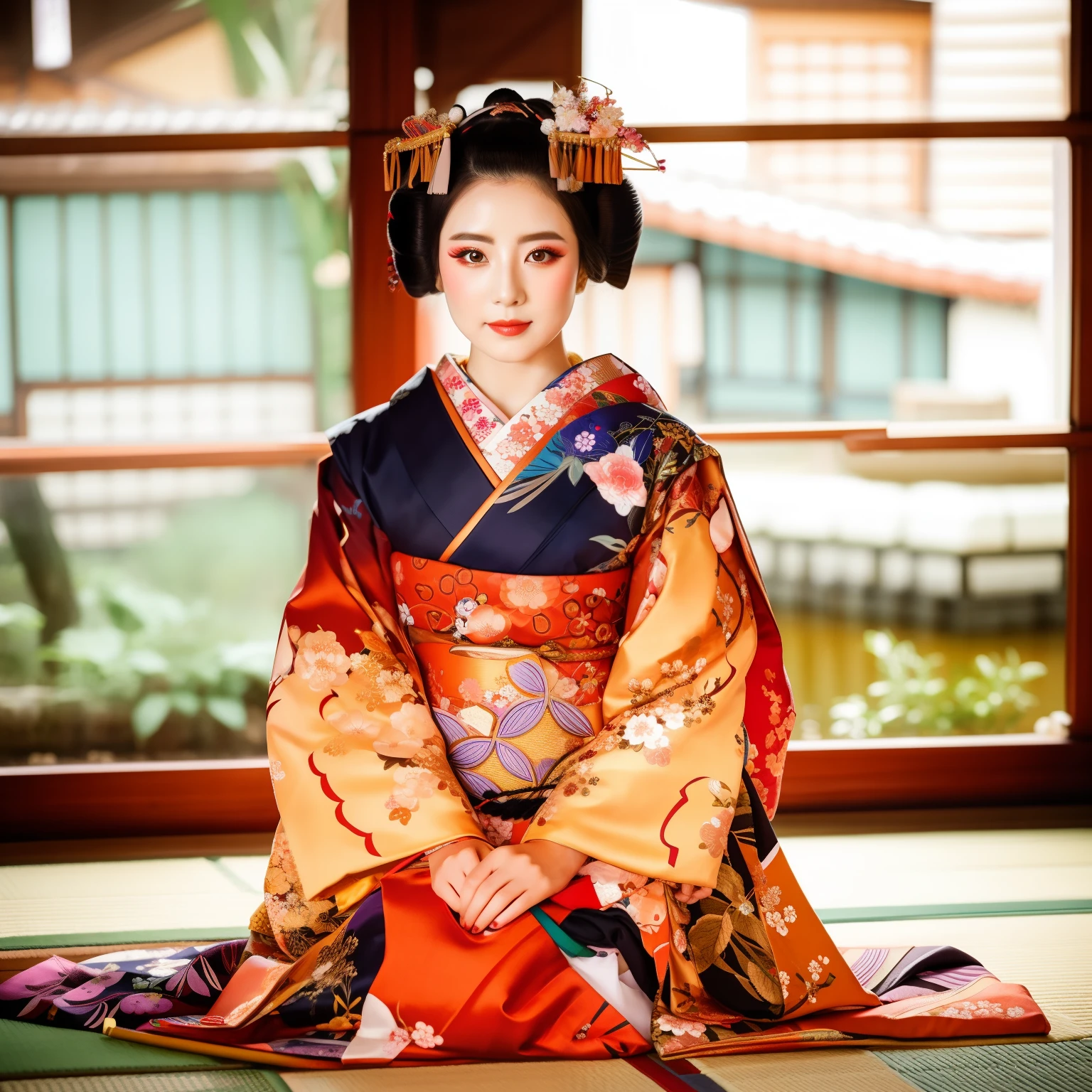 Araffe dressed in a kimono sitting on the floor in front of a window ...
