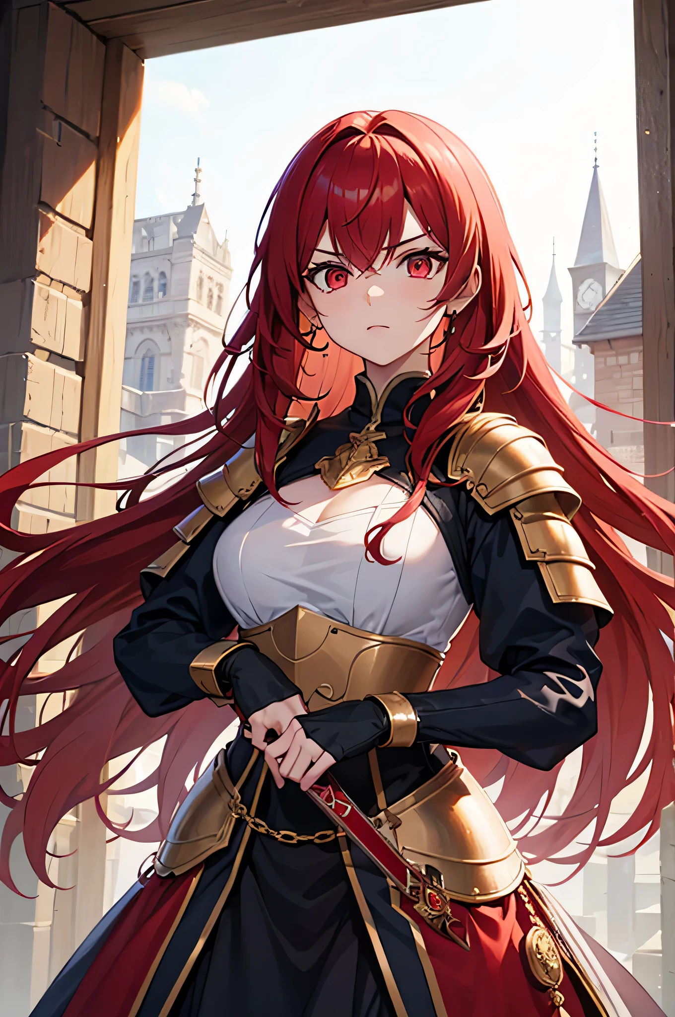 Anime girl with red hair and armor standing in front of a window ...