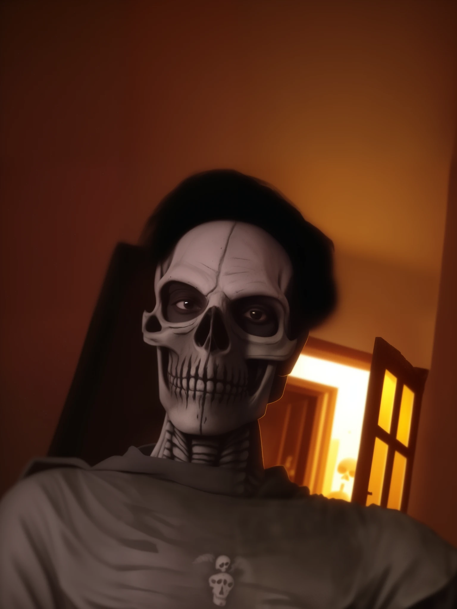 A close up of a skeleton with a black hair and a white face - SeaArt AI