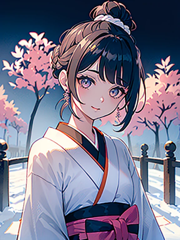Demon Slayer style, 1 girl, Alone, smile, ojos rosados, white pupils in ...