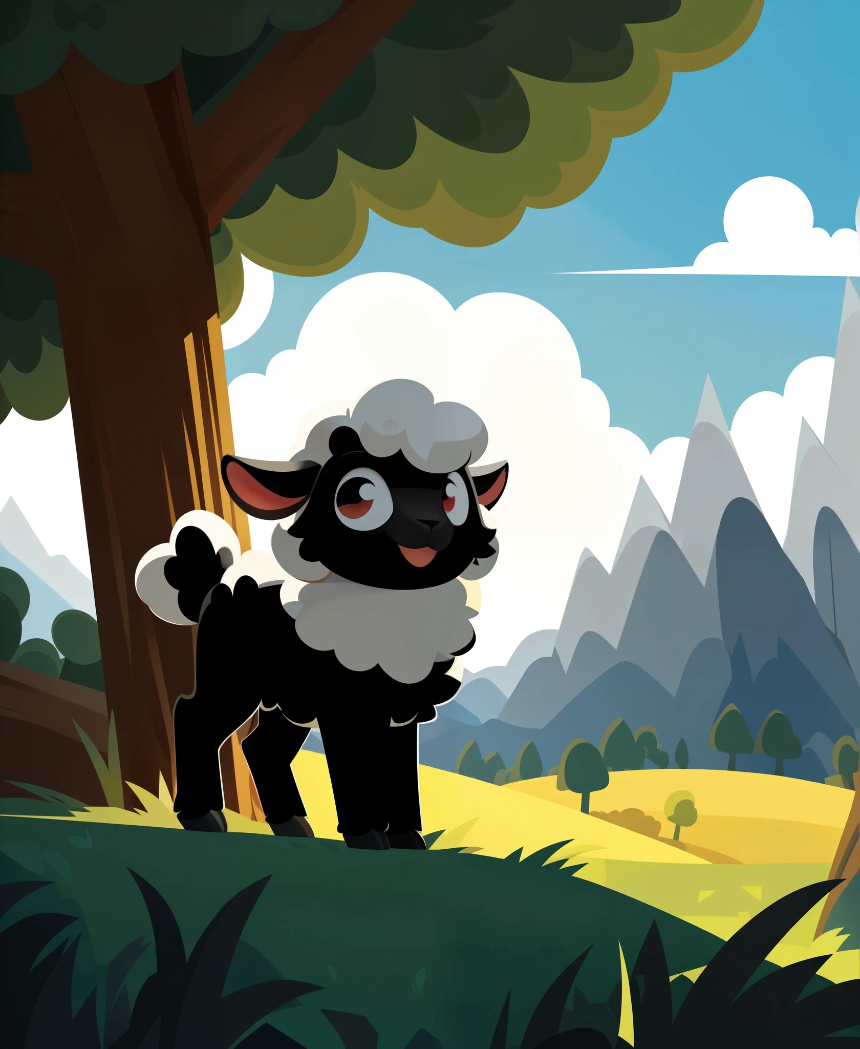 There is a cartoon sheep standing in the grass near a tree - SeaArt AI