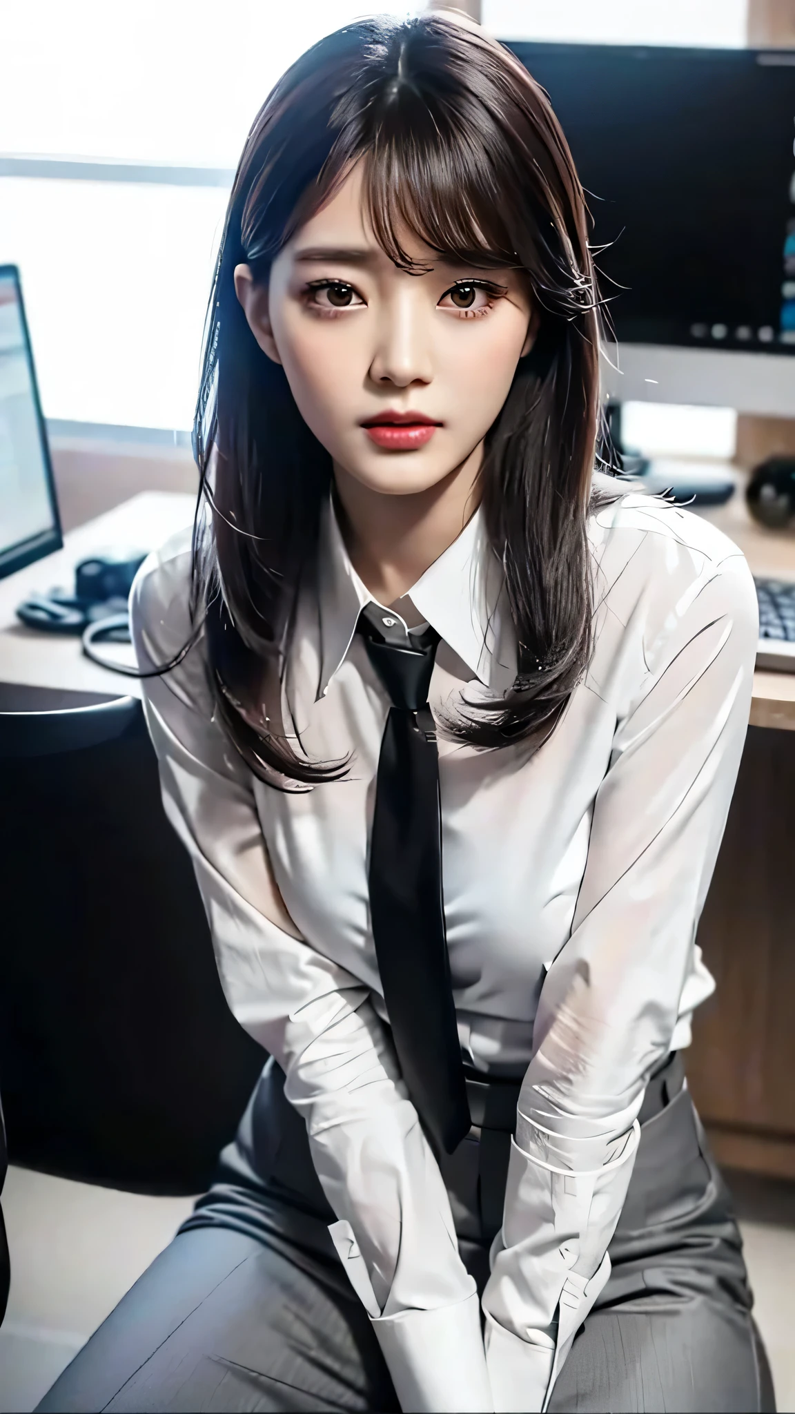 Araffe asian woman sitting in front of a computer desk with a black tie ...