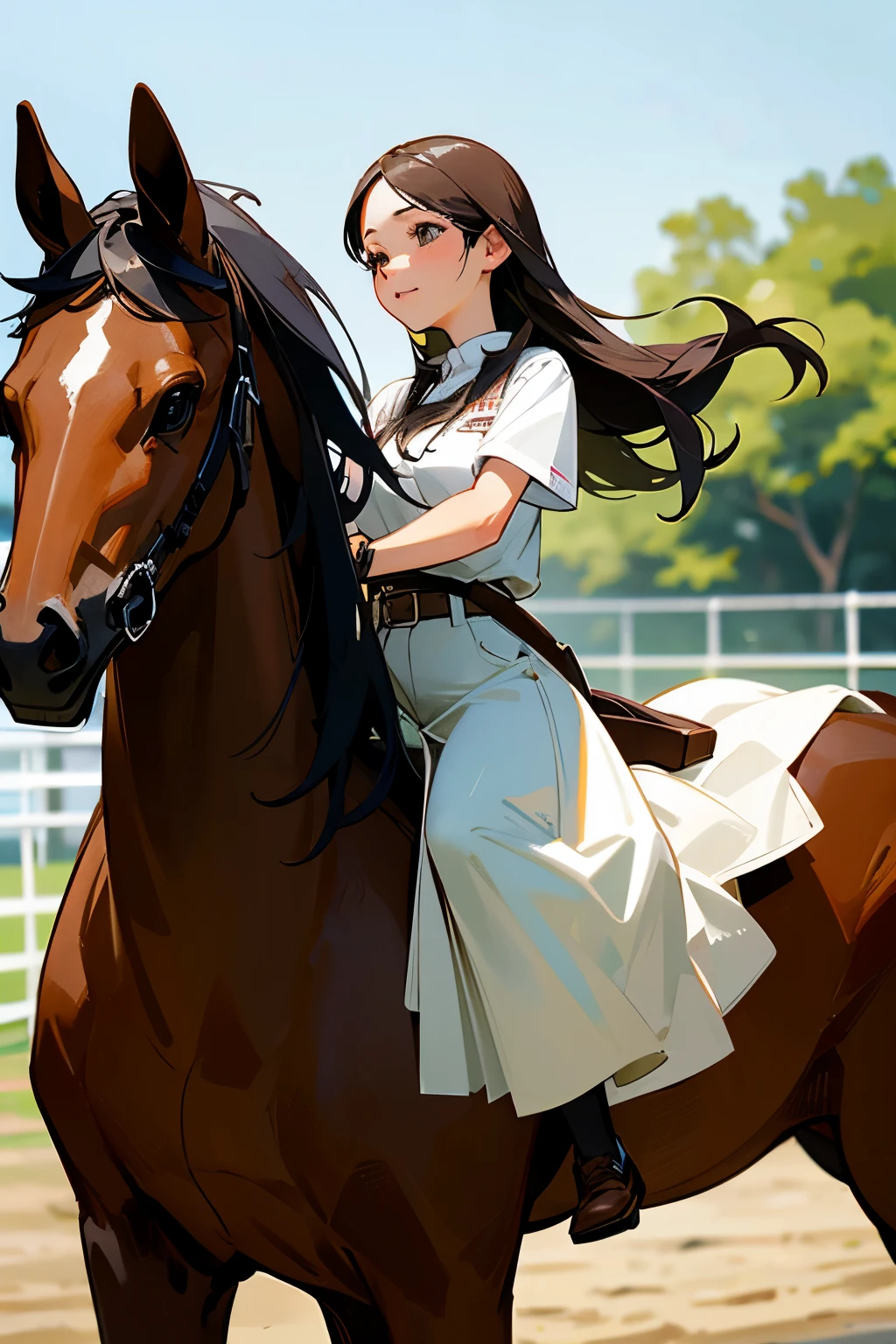 Anime girl riding a horse in a corral with trees in the background ...