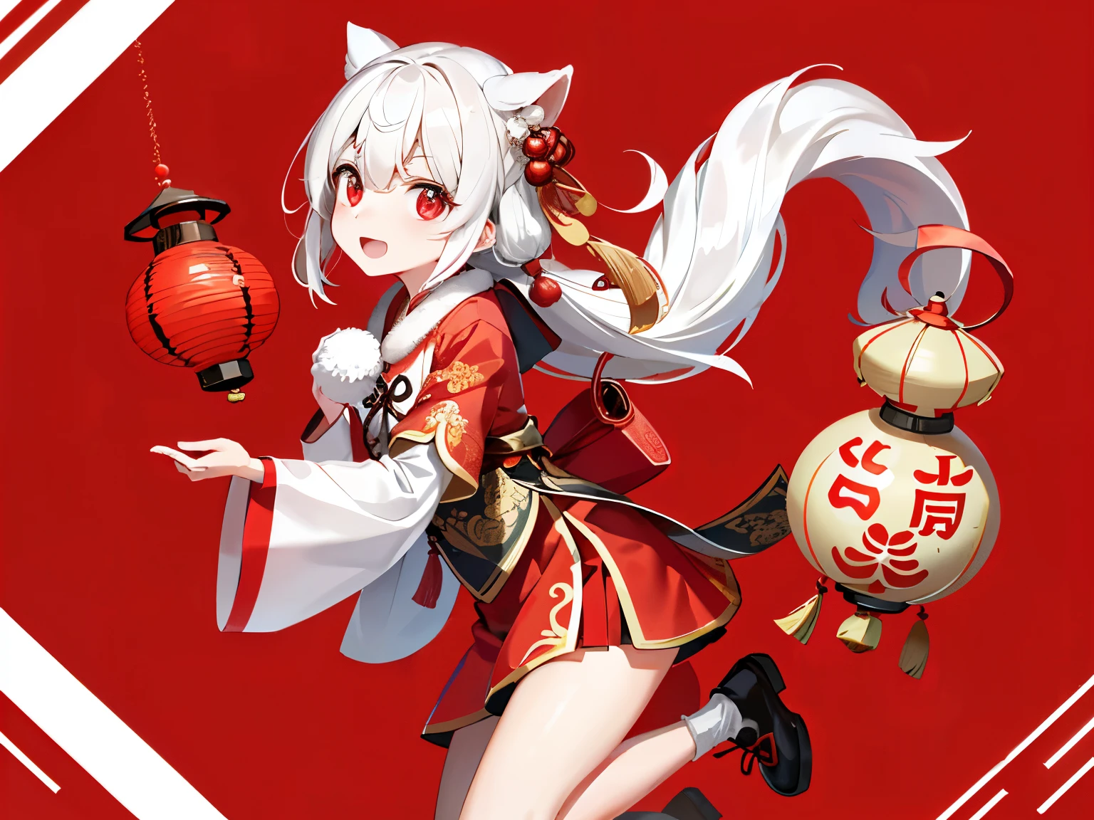 A woman in a red dress holding a lantern and a cat - SeaArt AI