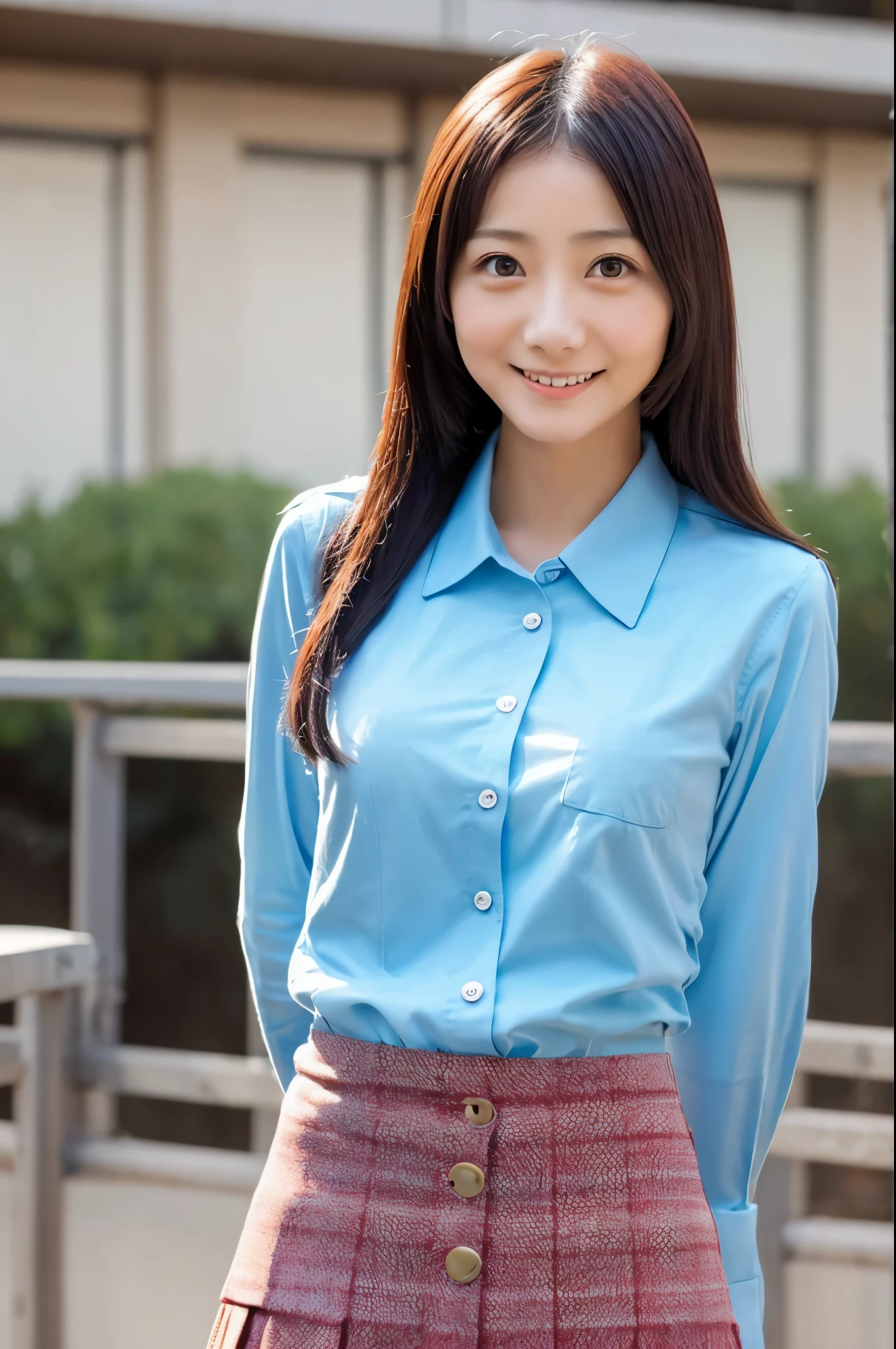 A close up of a woman in a skirt and a blue shirt - SeaArt AI