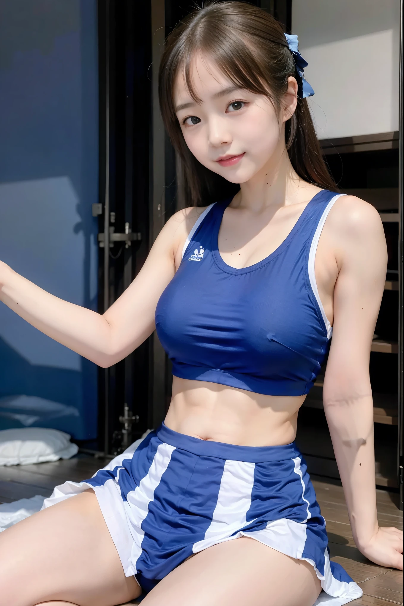 A close up of a woman in a blue top and shorts - SeaArt AI
