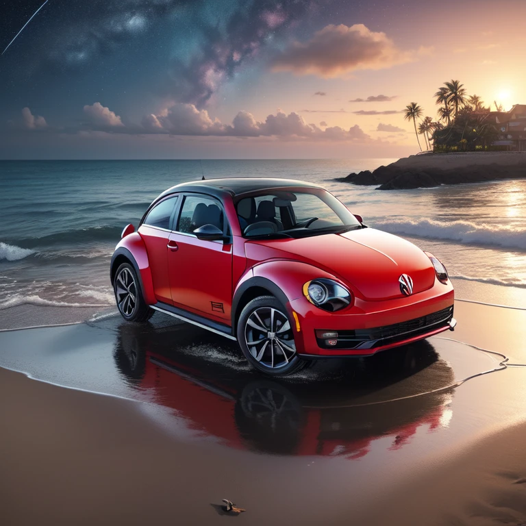 Illustration Design, (red convertible vw beetle), Watercolor splashes ...