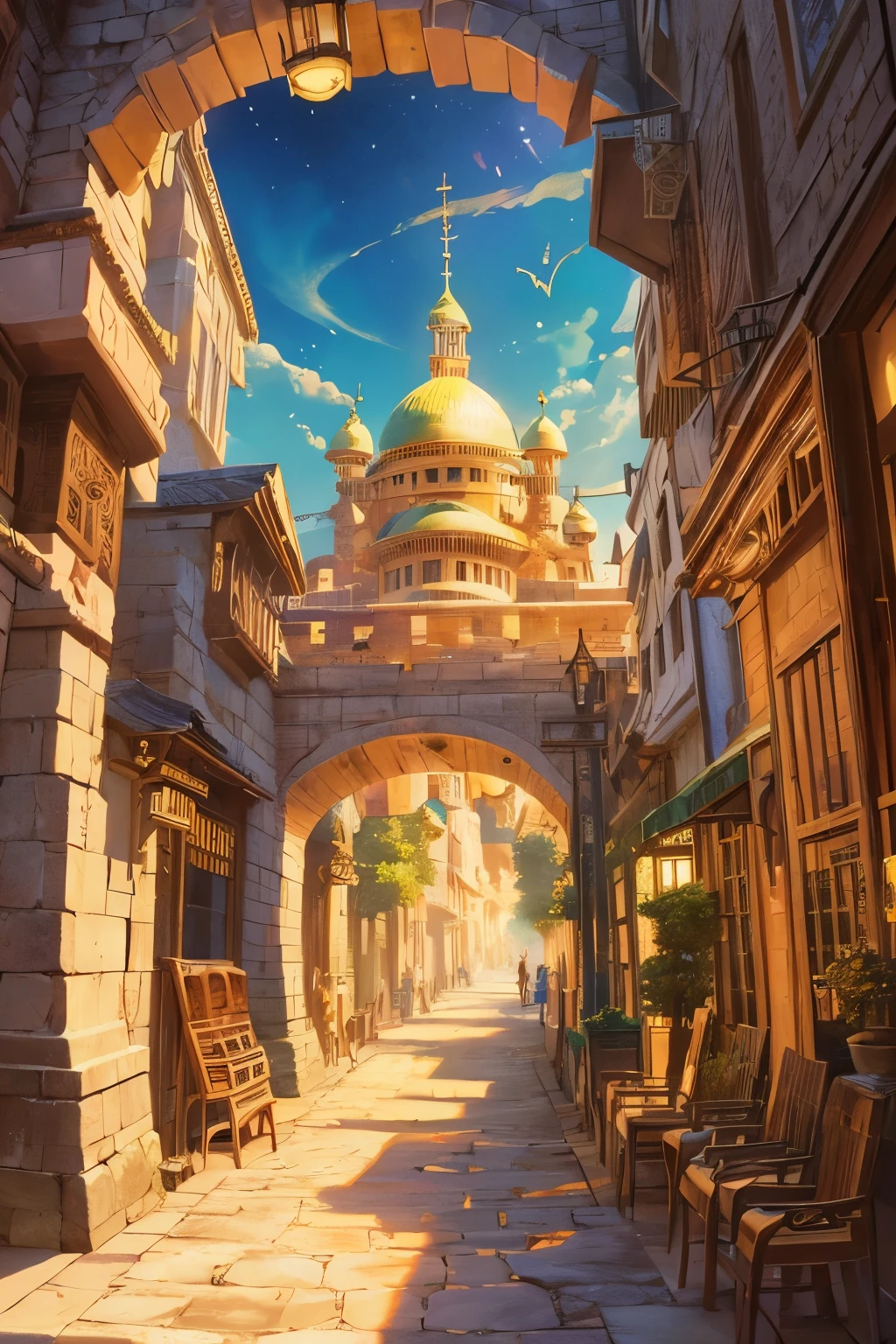 Anime city street with a church and a clock tower - SeaArt AI