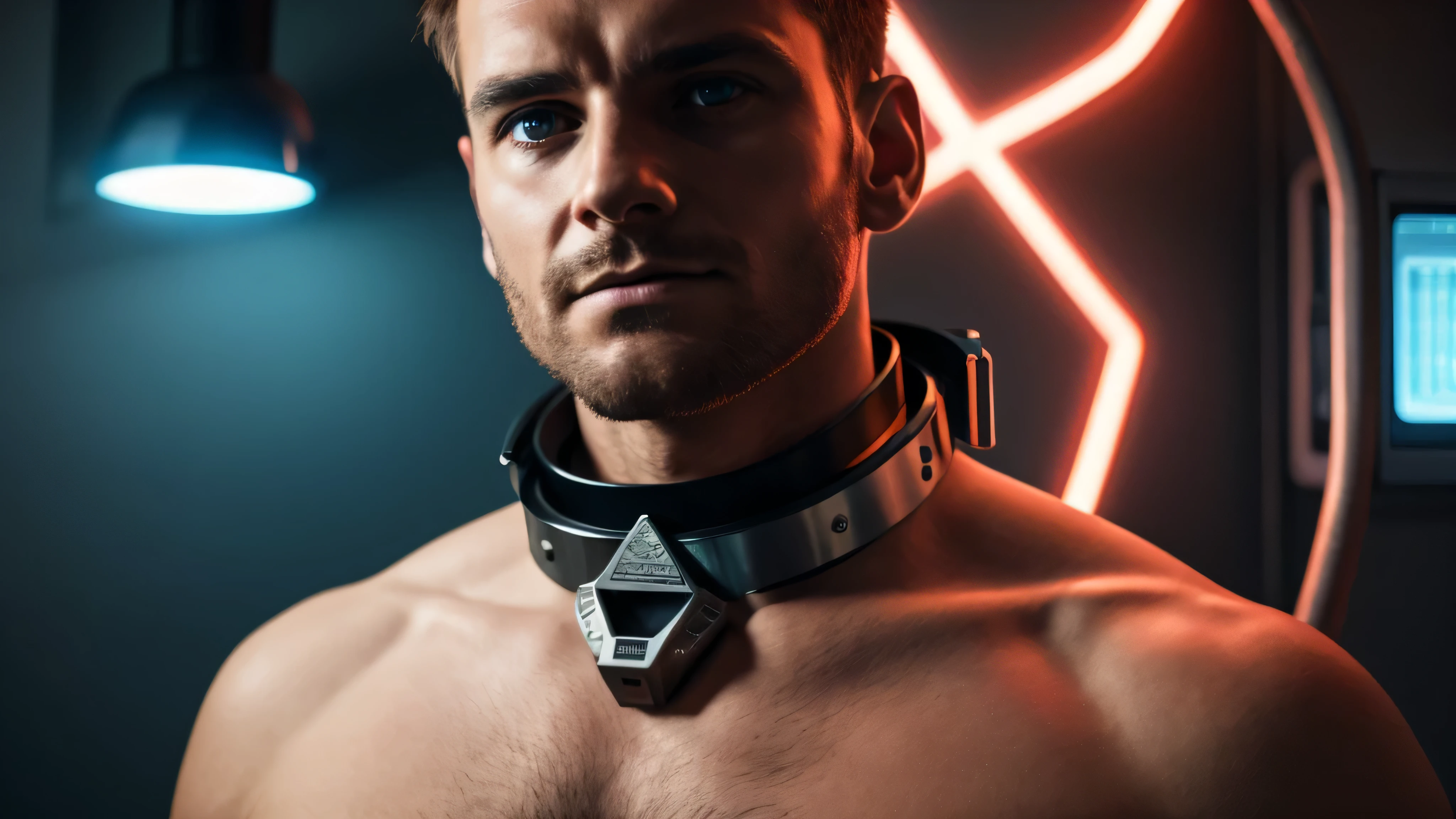 A shirtless man with a collar and a tie in a room - SeaArt AI