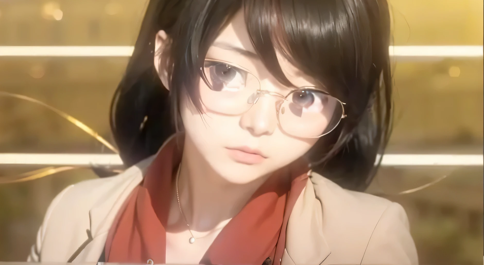 Anime girl with glasses looking at a cell phone in front of a window ...