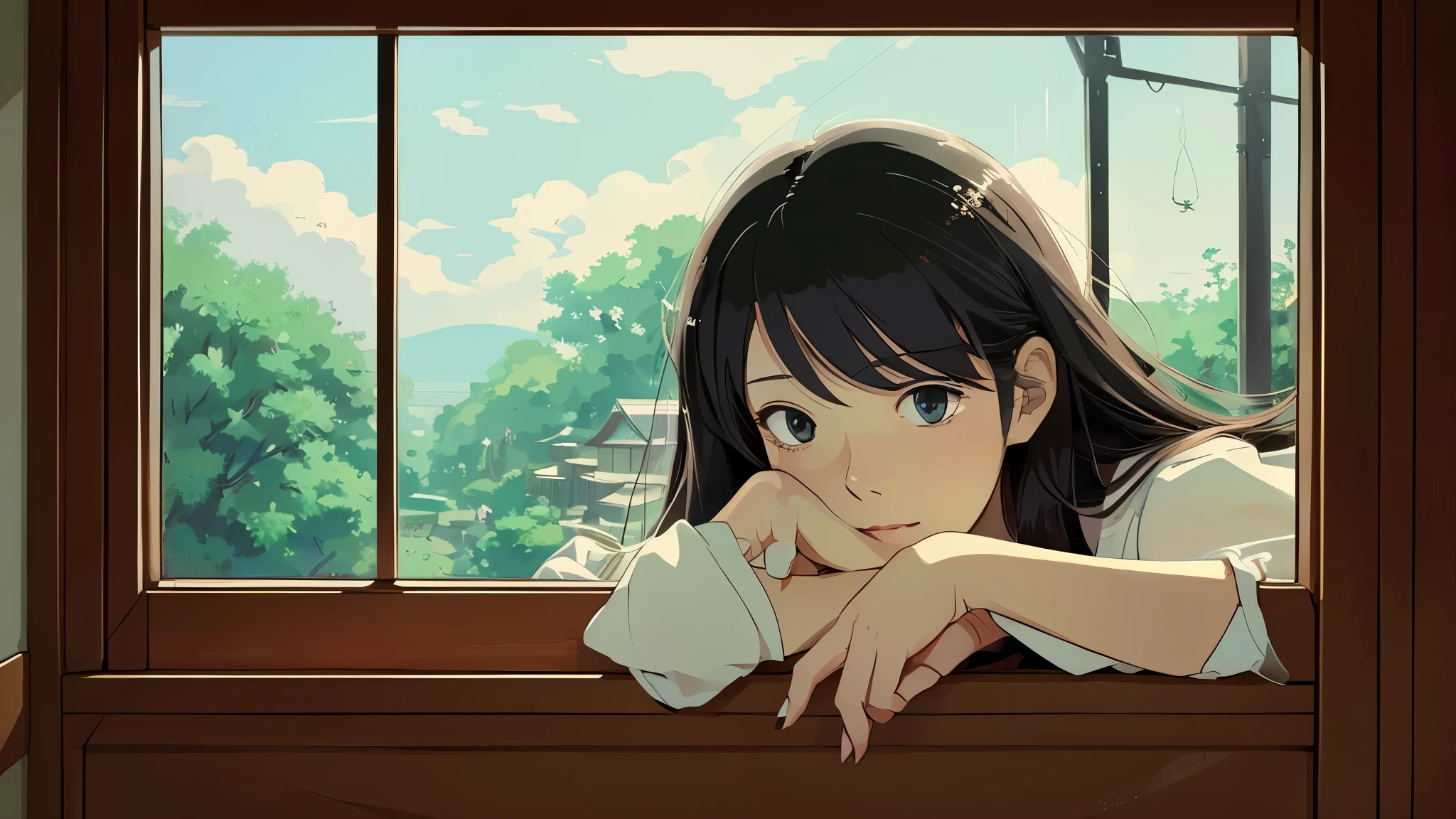Anime girl looking out window with her hand on her chin - SeaArt AI