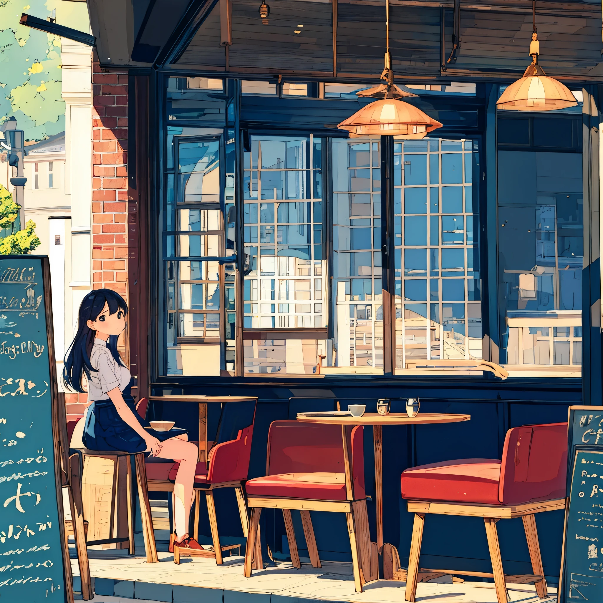 Anime girl sitting at a table in a cafe with a chalkboard - SeaArt AI
