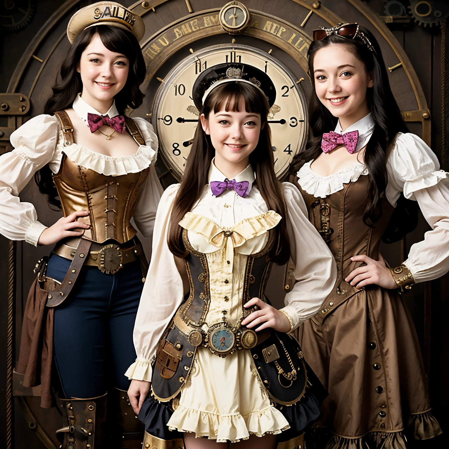 Three women in steampunk outfits standing next to a clock - SeaArt AI