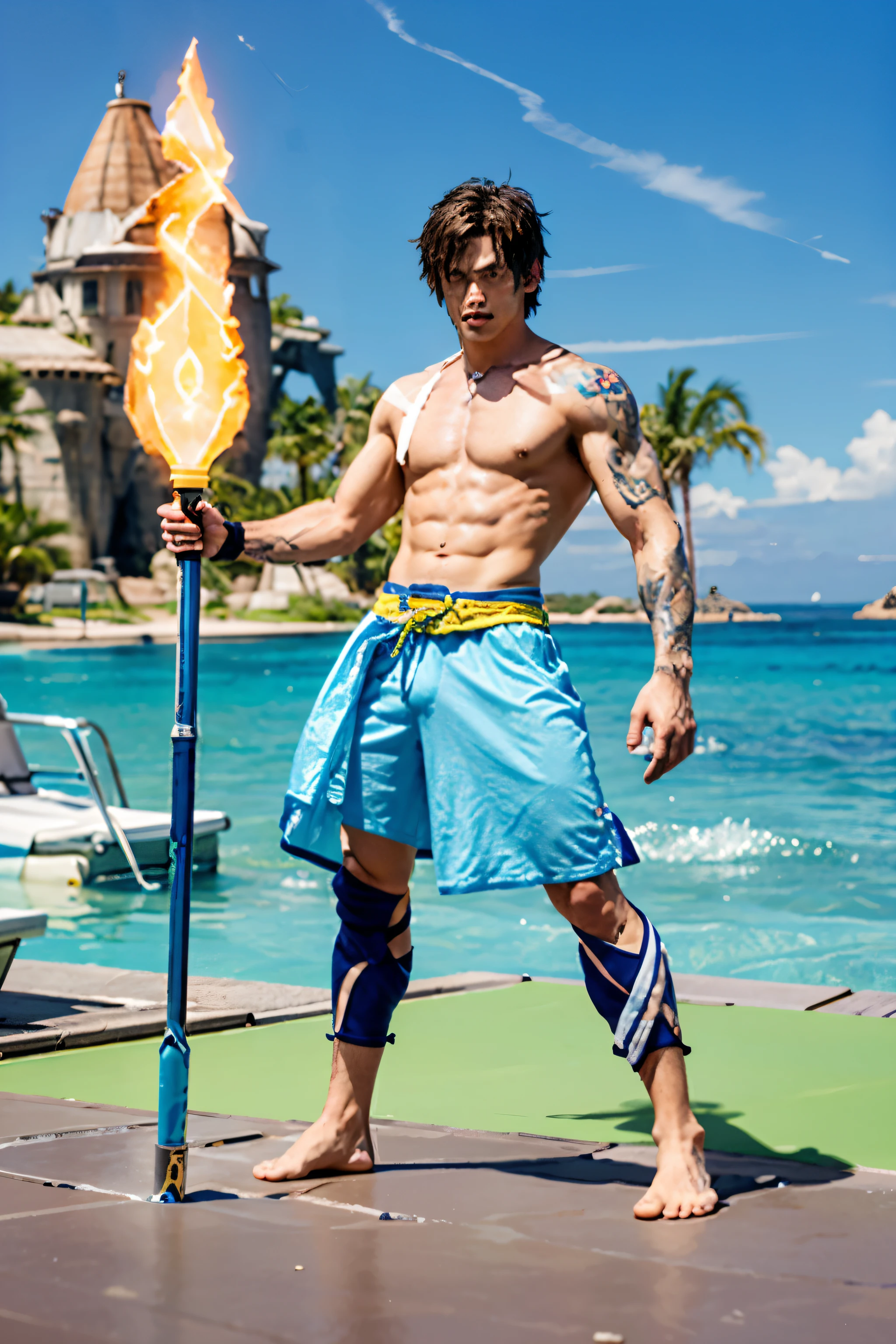 Arafed man with a sword and a blue outfit standing on a dock - SeaArt AI