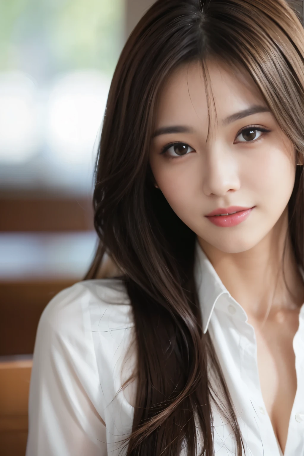 A close up of a woman with long hair wearing a white shirt - SeaArt AI