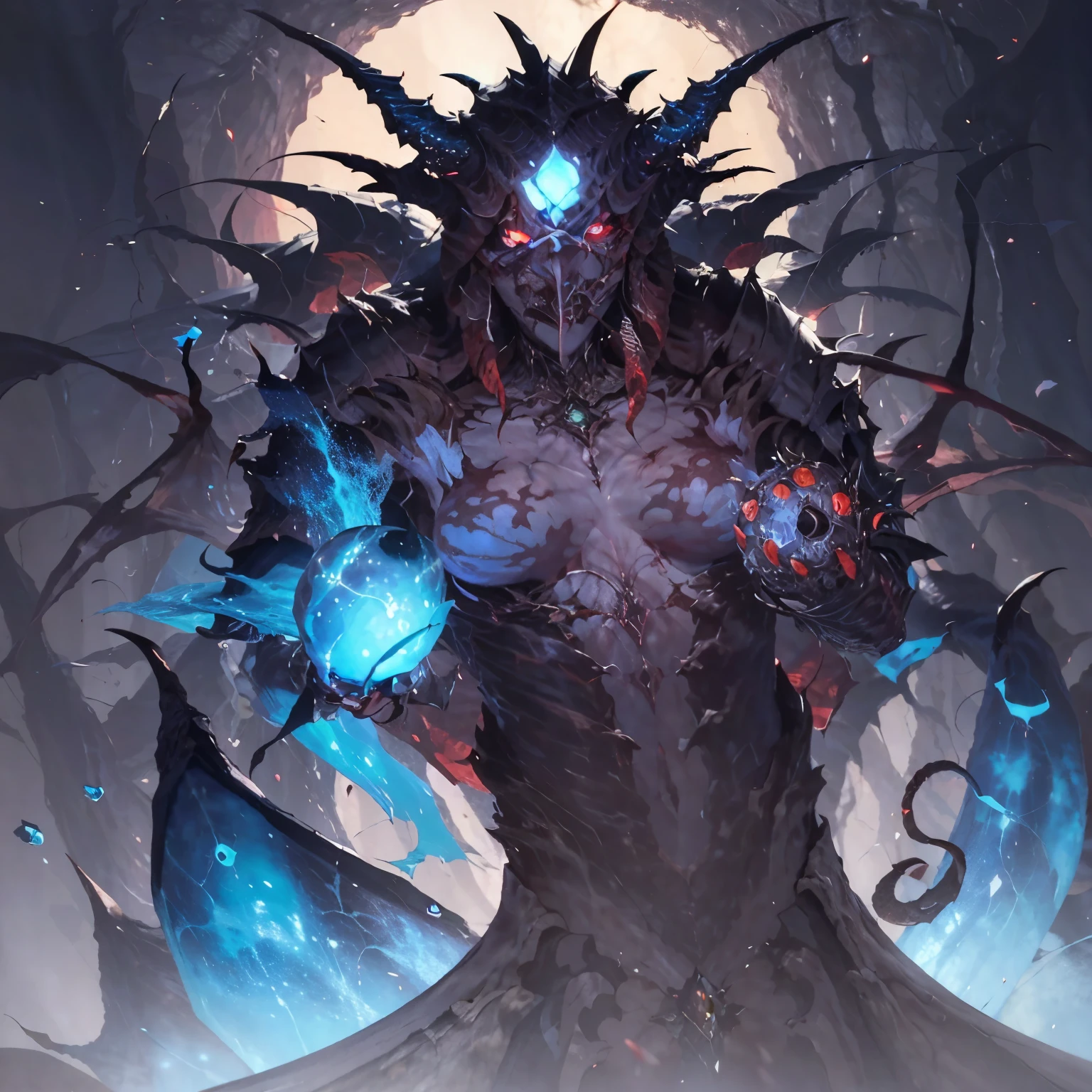 A close up of a demonic creature with blue eyes and a glowing face ...