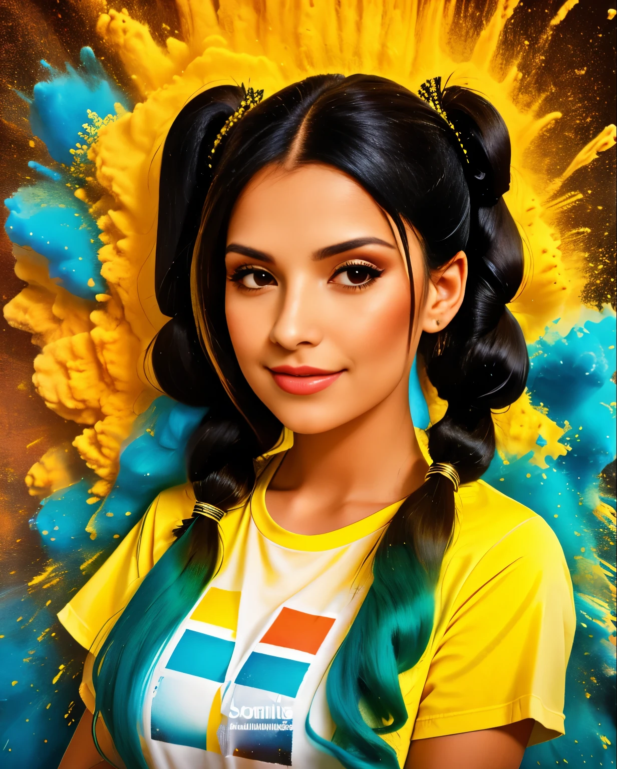 A woman with a yellow shirt and blue hair posing for a picture - SeaArt AI