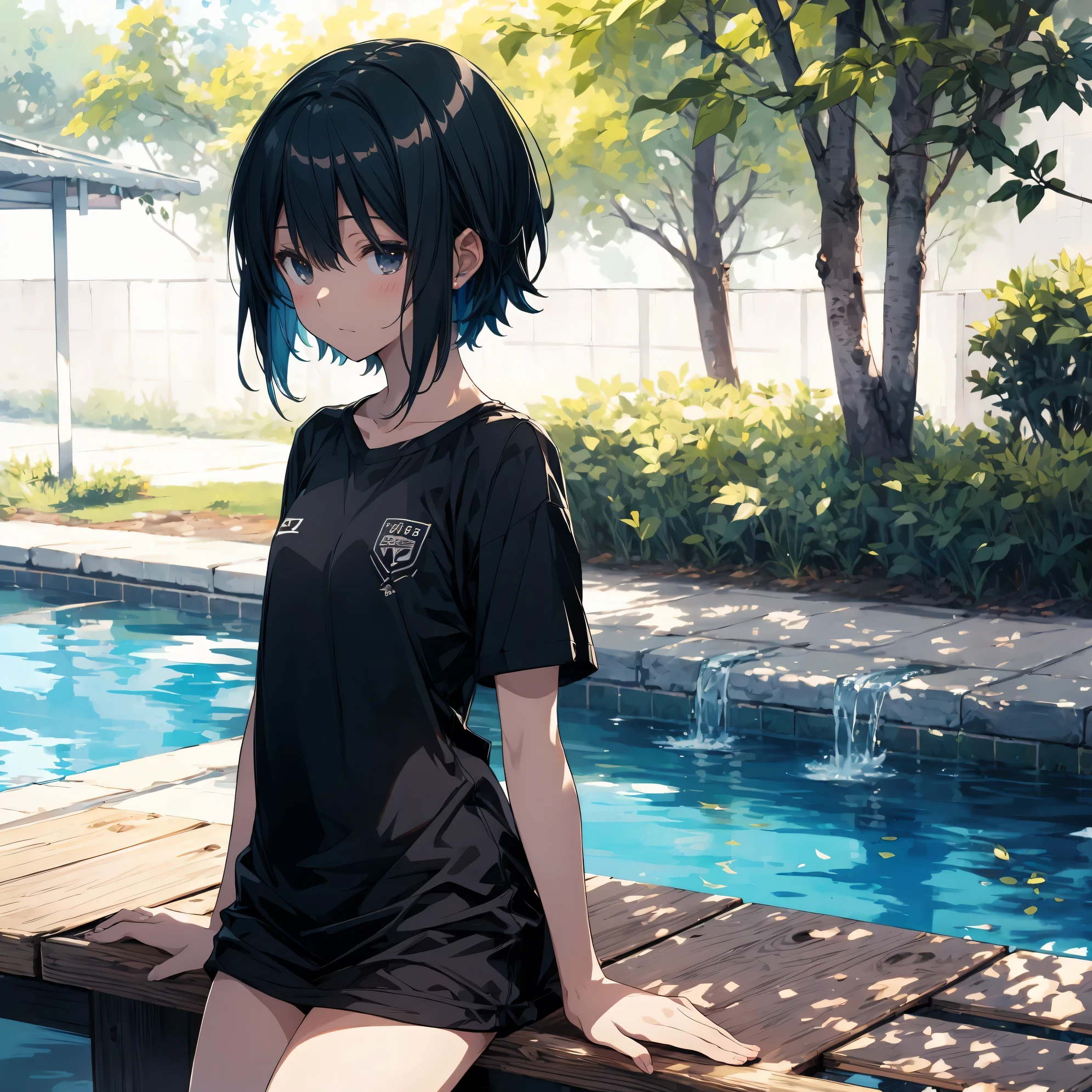 Anime girl sitting on a wooden dock next to a pool - SeaArt AI