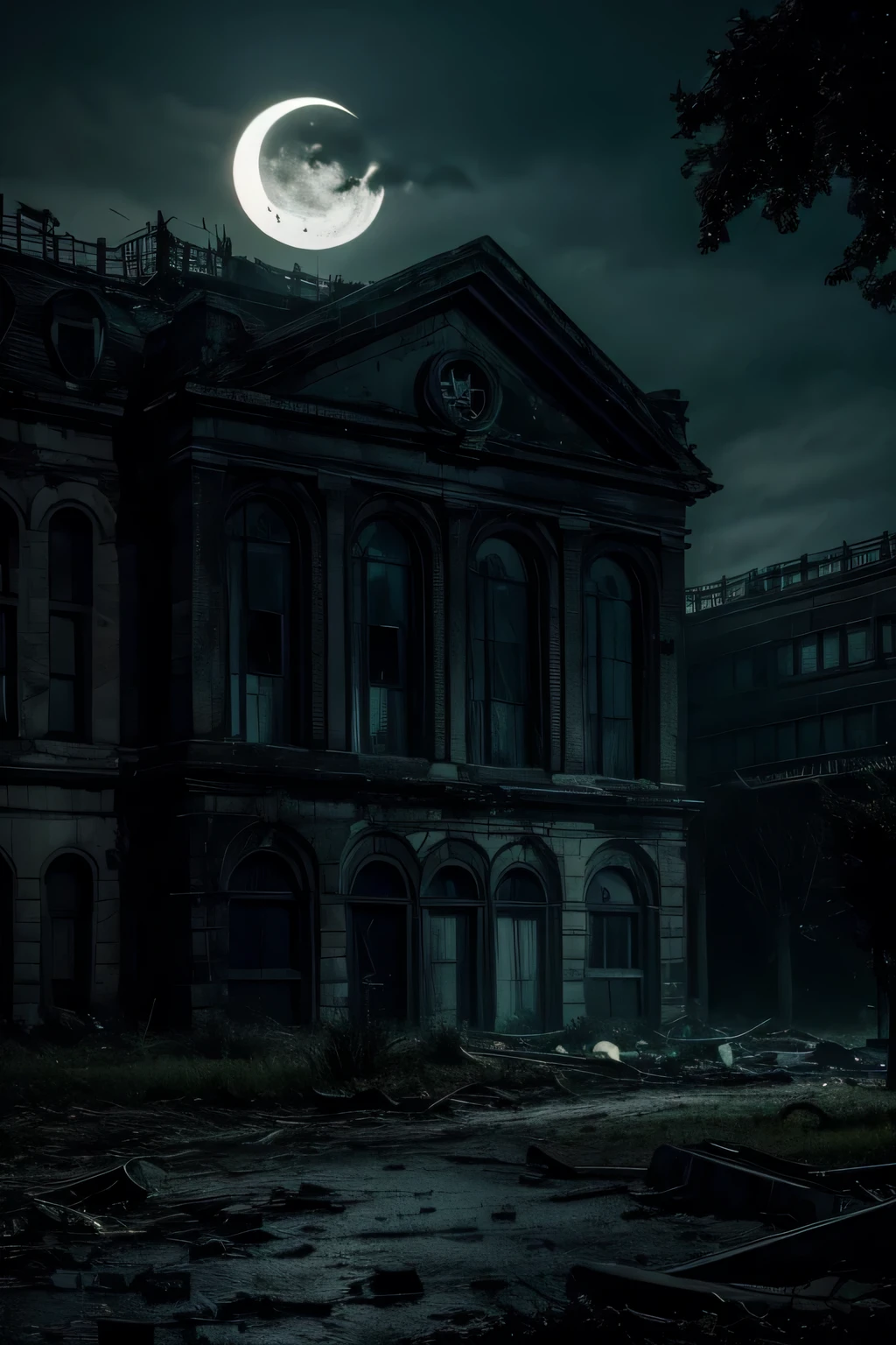 A dark and eerie photo of a building with a half moon in the sky ...