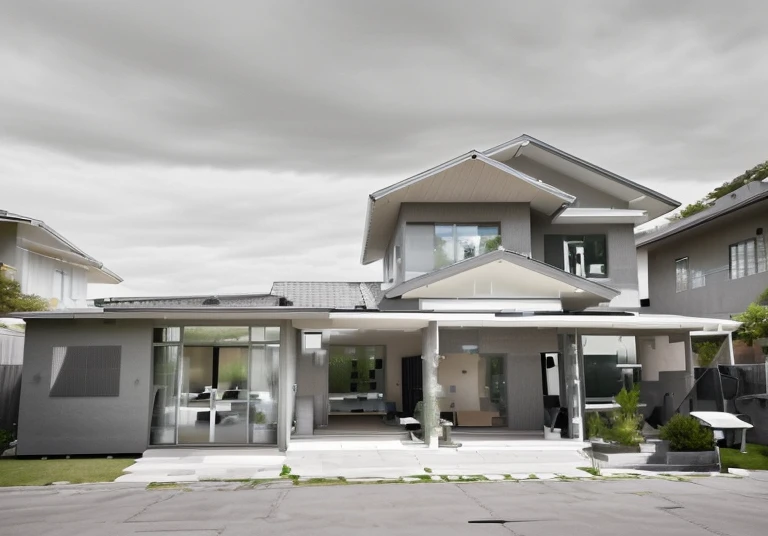 Color photo of a modern and minimalist grey-colored Midcentury home ...
