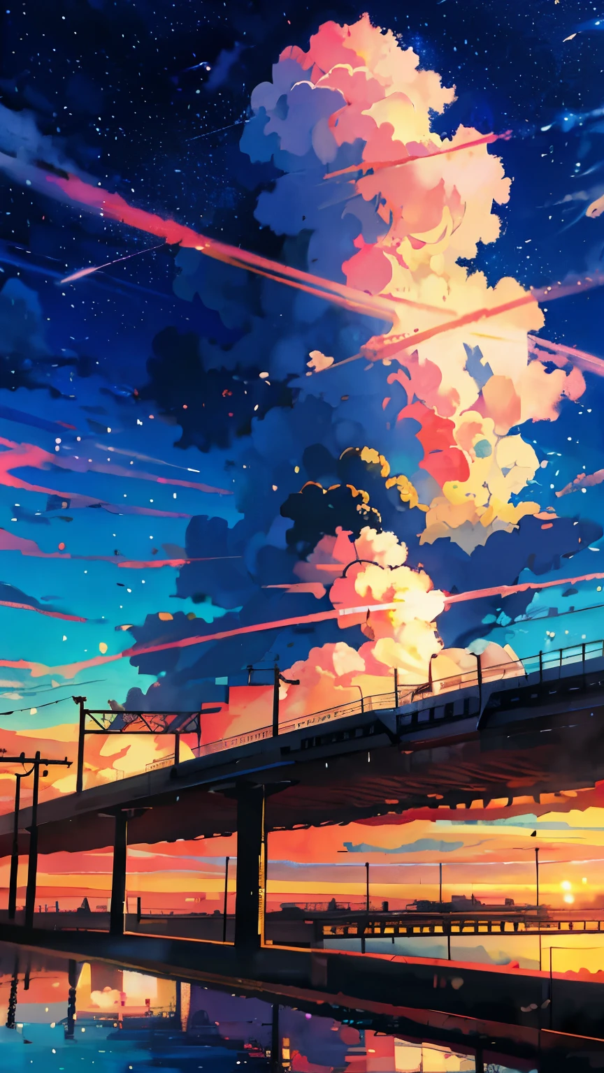 Anime scenery of a bridge and a sunset with clouds - SeaArt AI
