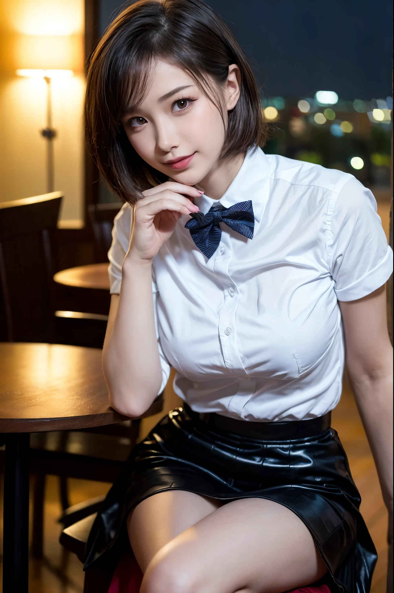 Arafed asian woman in a white shirt and black skirt posing for a picture - SeaArt AI