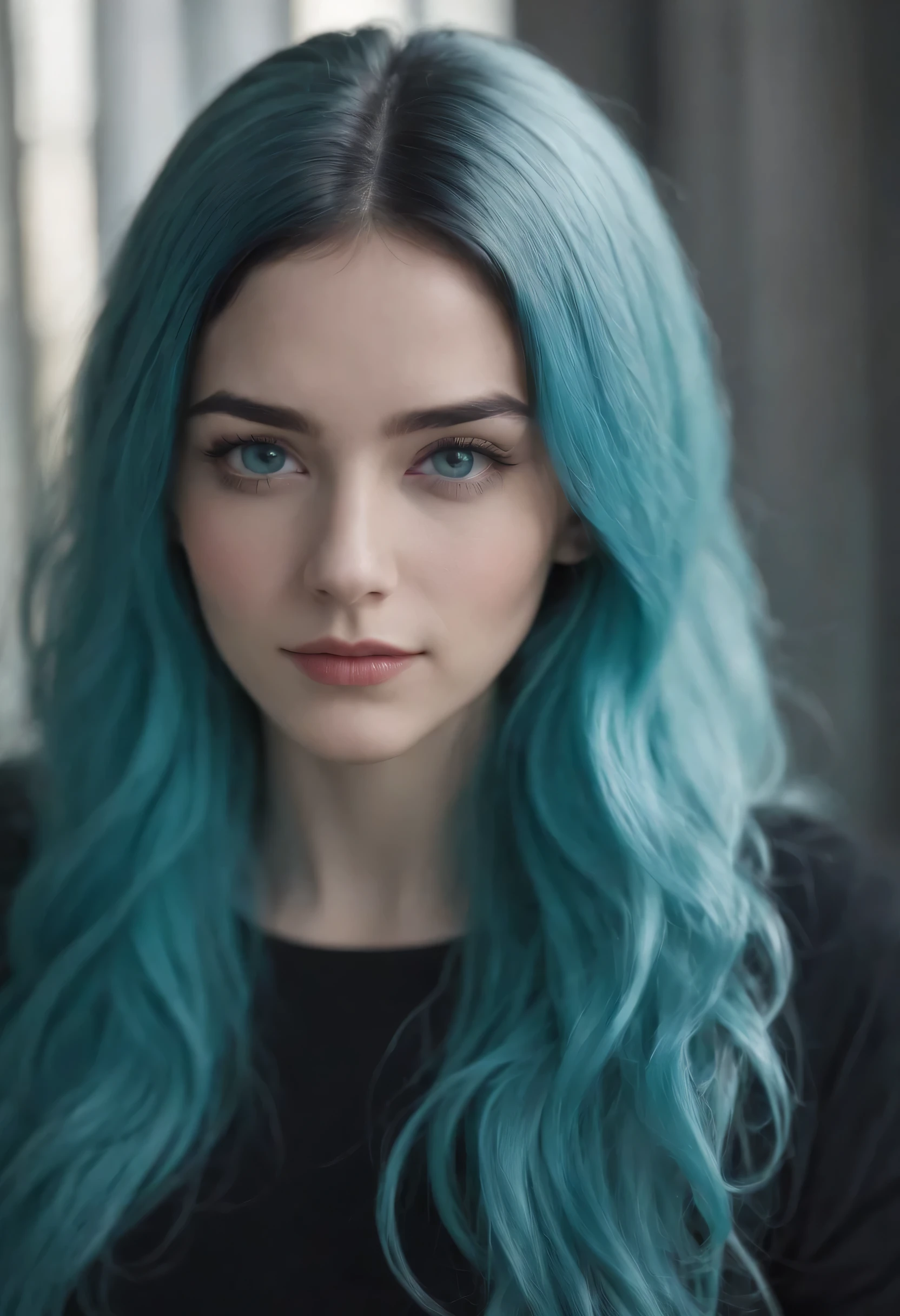 A woman with blue hair and a black shirt - SeaArt AI