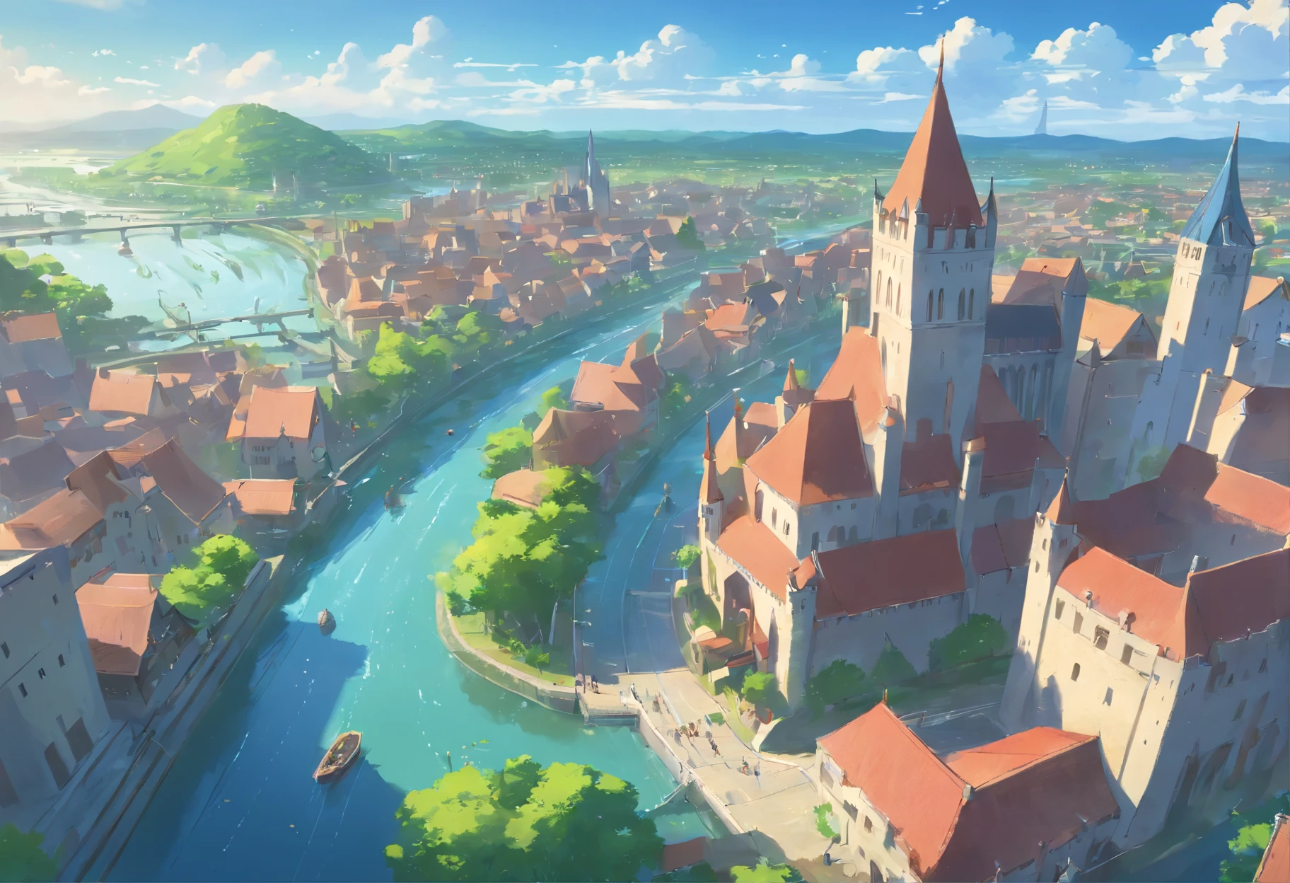 Anime city with a river and a bridge in the middle - SeaArt AI