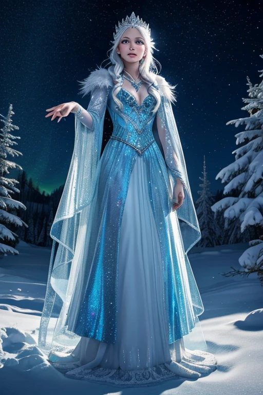 The snow queen stands in the light of the northern lights among the ...
