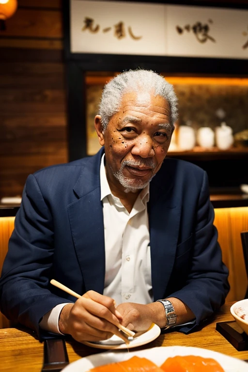Morgan Freeman sitting at the counter of a sushi restaurant - SeaArt AI