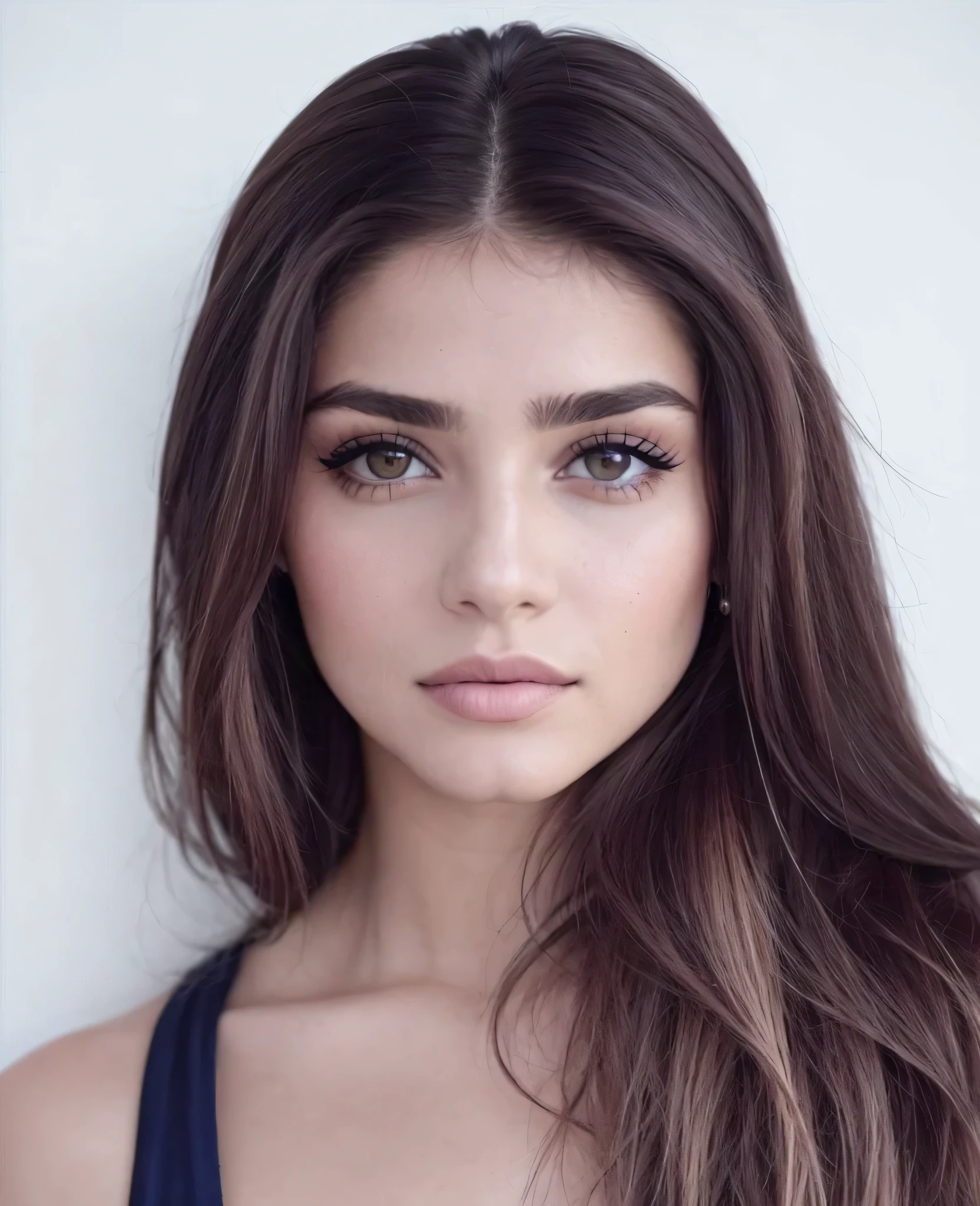 A woman with long brown hair and a blue top - SeaArt AI