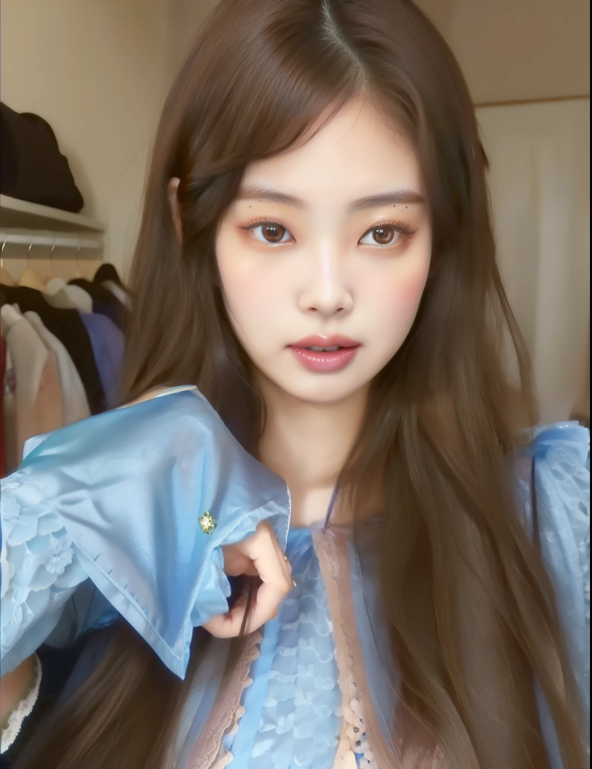 A close up of a woman holding a blue jacket over her shoulder - SeaArt AI