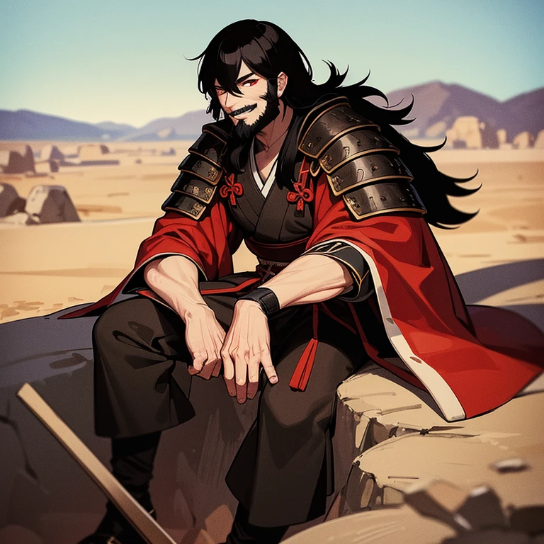 A old samurai with black hair and a black beard and red eyes red armor ...